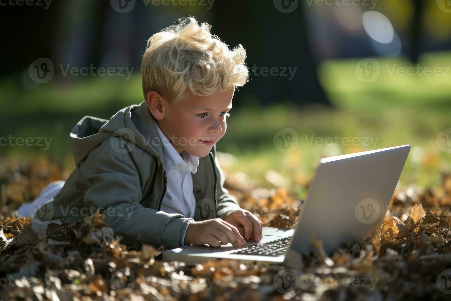 AI generated Young boy lays on grass using laptop exploring nature and ...