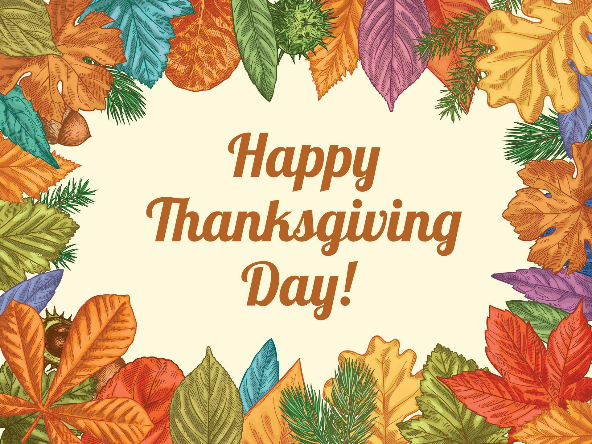 Happy thanksgiving. Hand drawn colorful fall leaves. November holidays ...