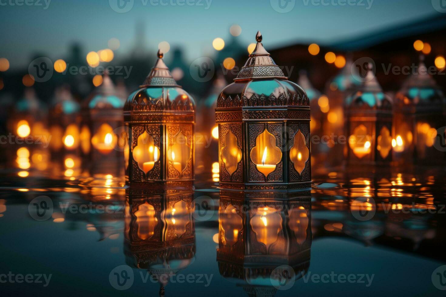AI generated Iftar lanterns casting a peaceful reflection in calm ...