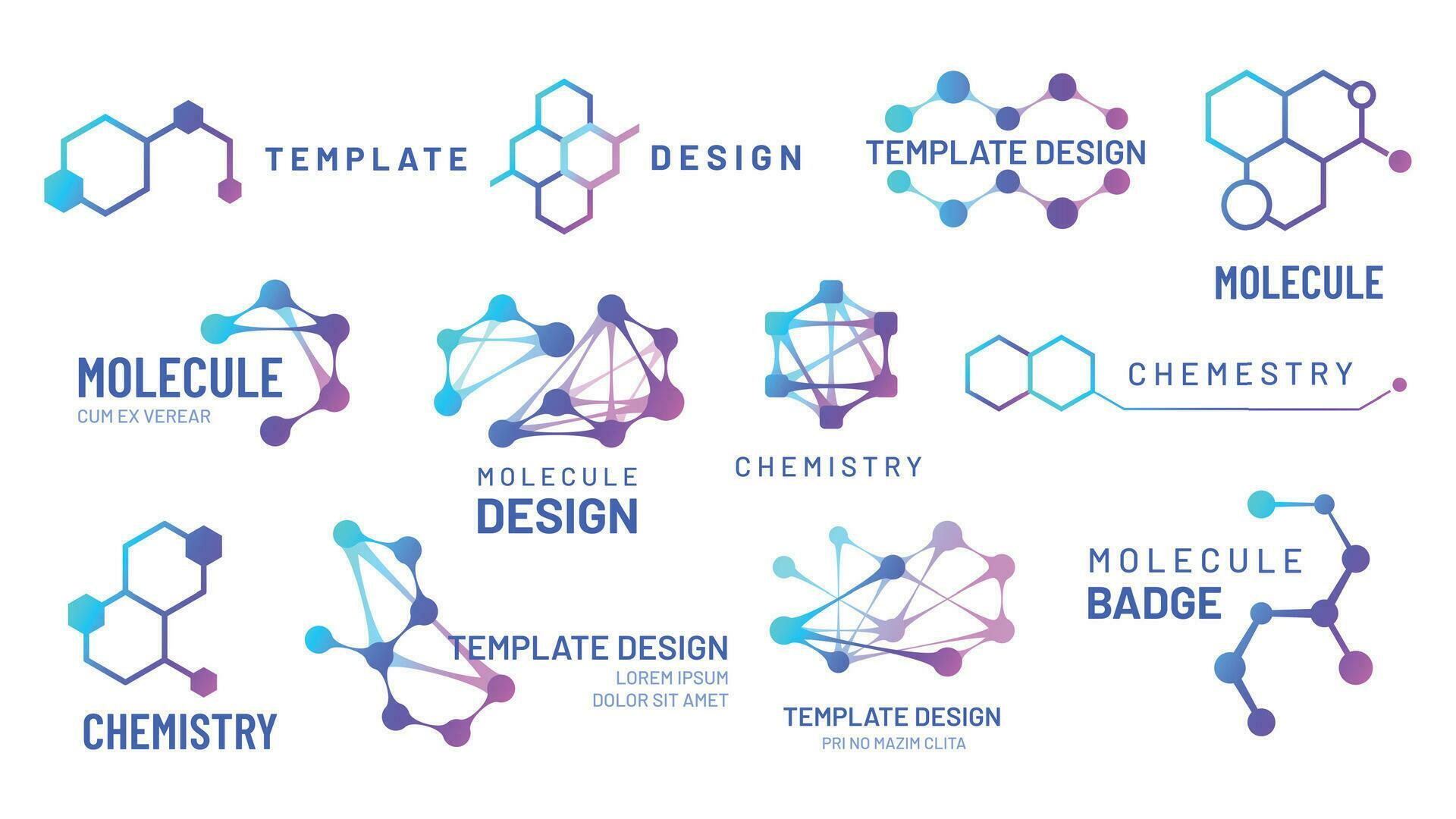 Molecule logos. Chemistry and science logotype with hexagonal structure and molecular grids ...