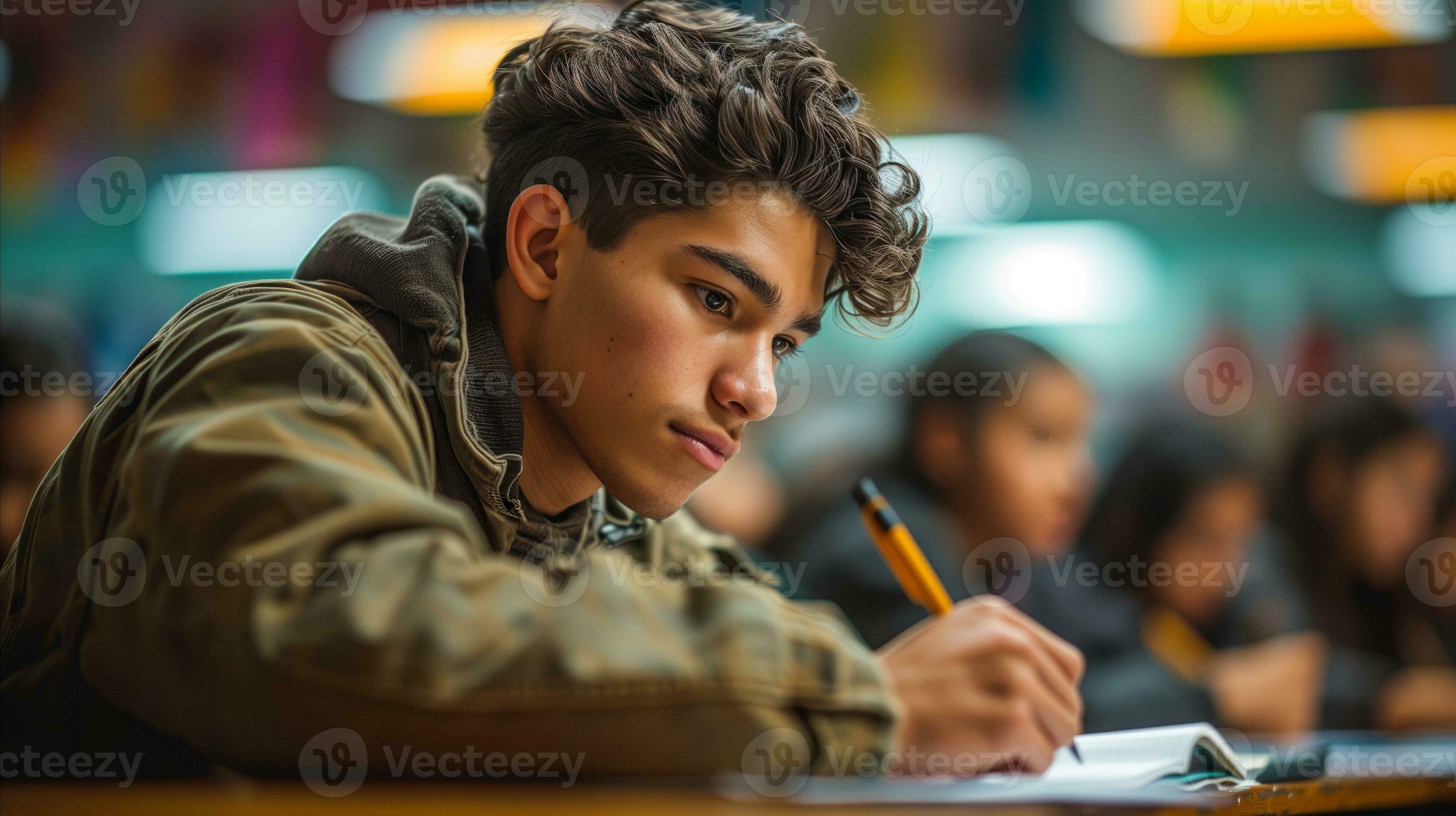 AI generated A high school student diligently taking notes during a ...