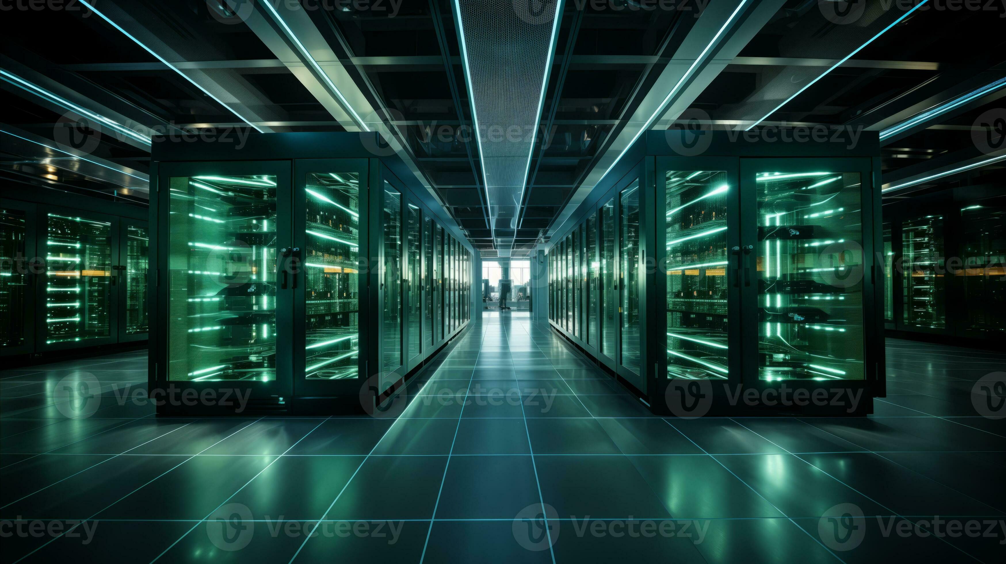AI generated Inside a High Tech Data Center. Multiple Rows of Active Server Racks Powering ...