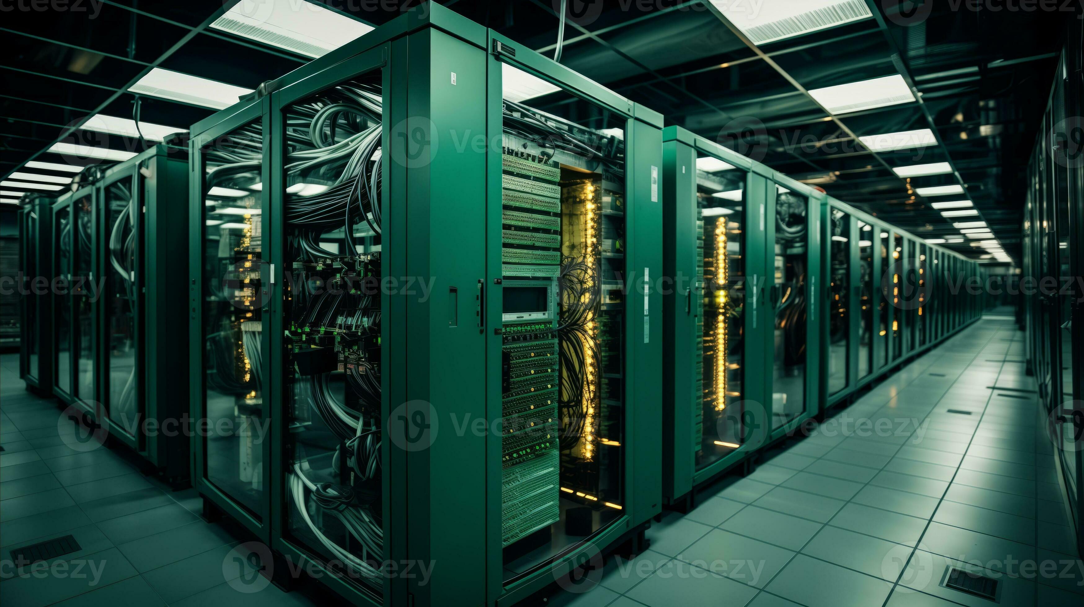 AI generated Inside a High Tech Data Center. Multiple Rows of Active Server Racks Powering ...
