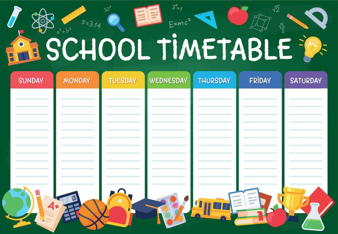 School timetable. Weekly planner schedule for students, pupils with ...