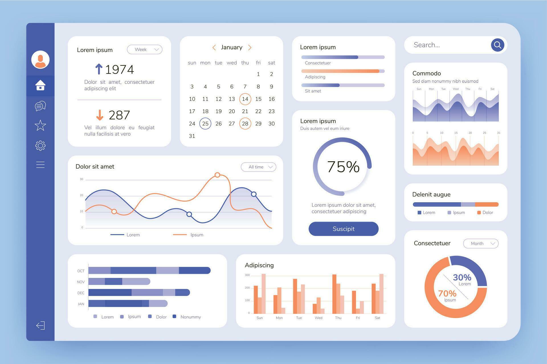 Dashboard. UI infographic, data graphic and chart. Screen with business ...