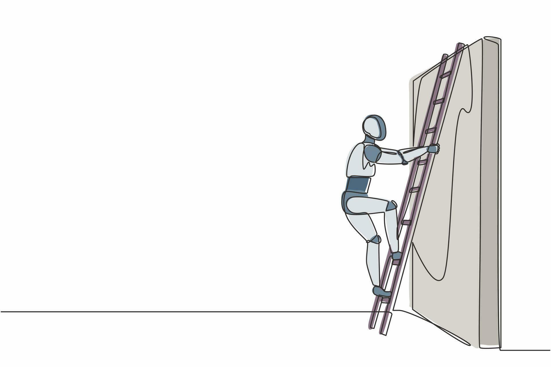 Single continuous line drawing robot climbing up the wall with ladder ...