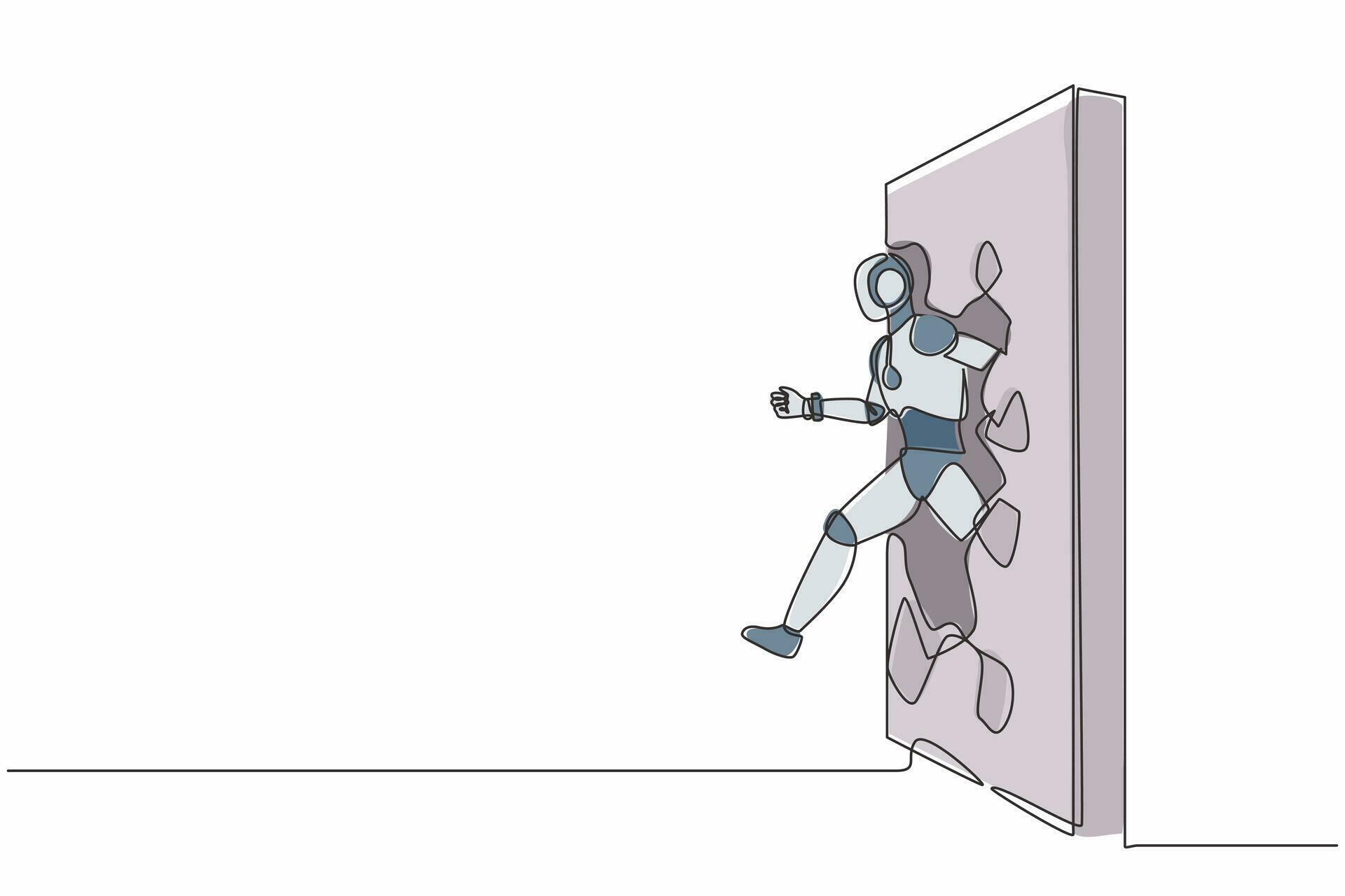 Single one line drawing robot run and breaking through brick wall ...