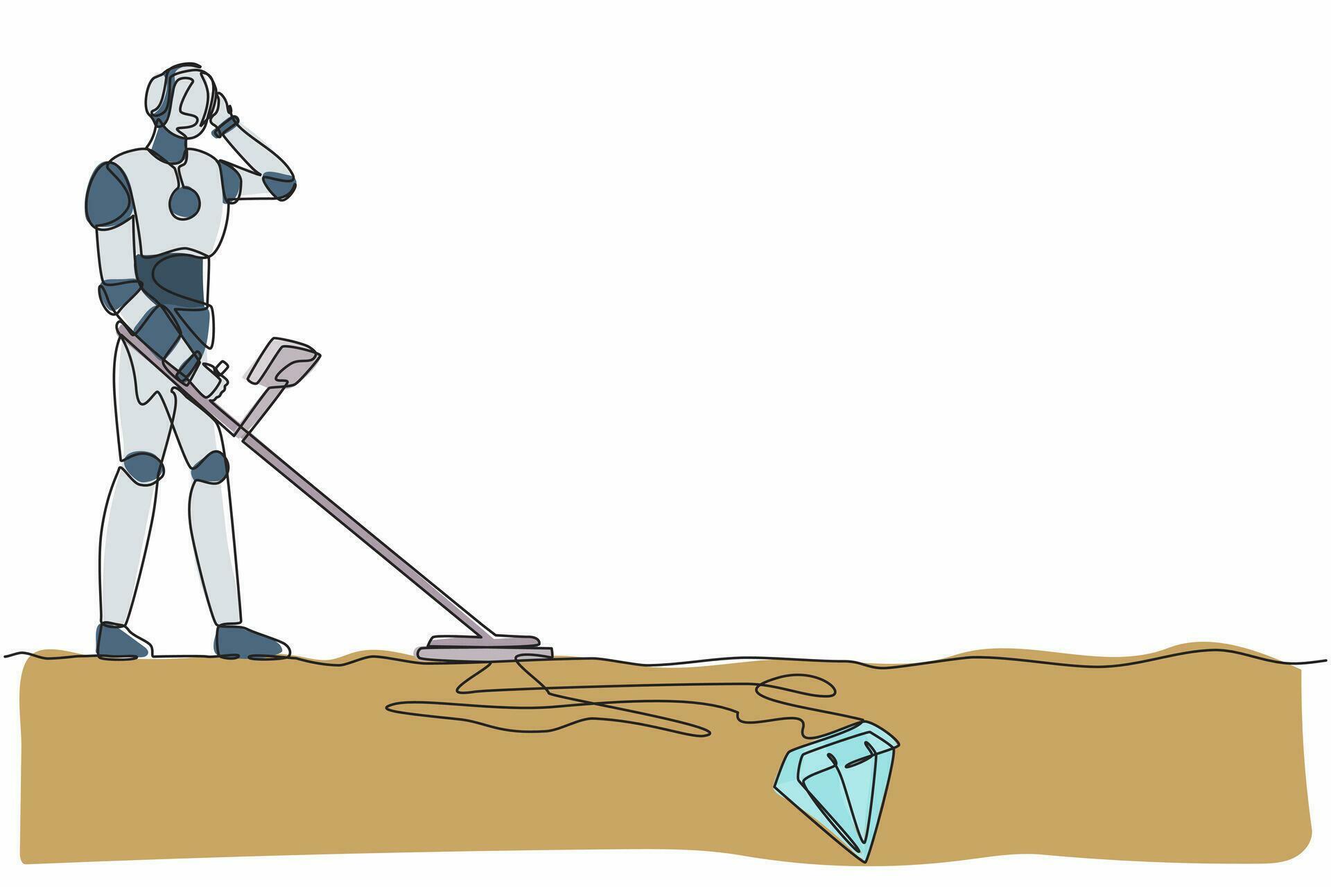 Single one line drawing robot with metal detector looking for diamonds ...