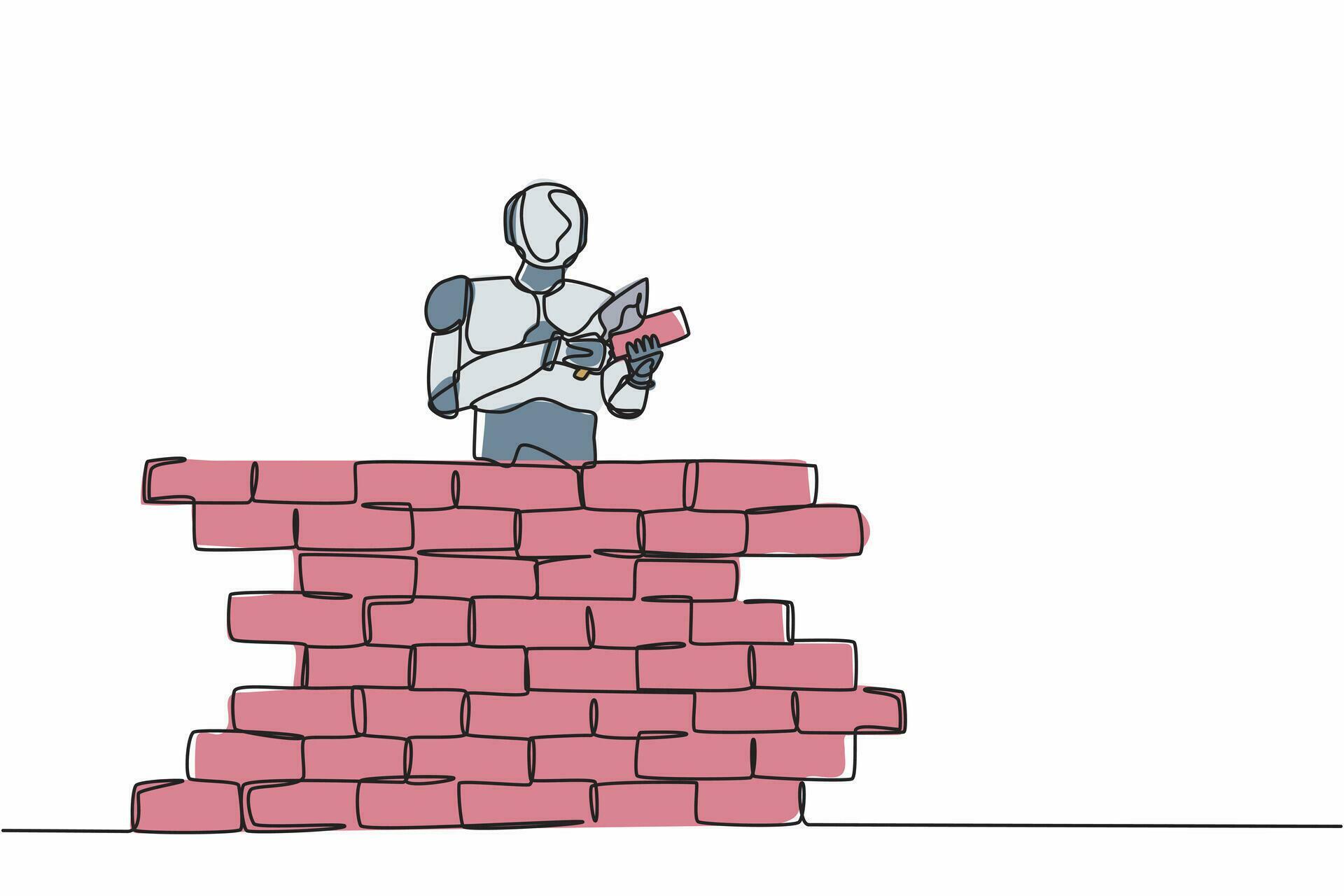 Single one line drawing robot repairman building brick wall. Future ...