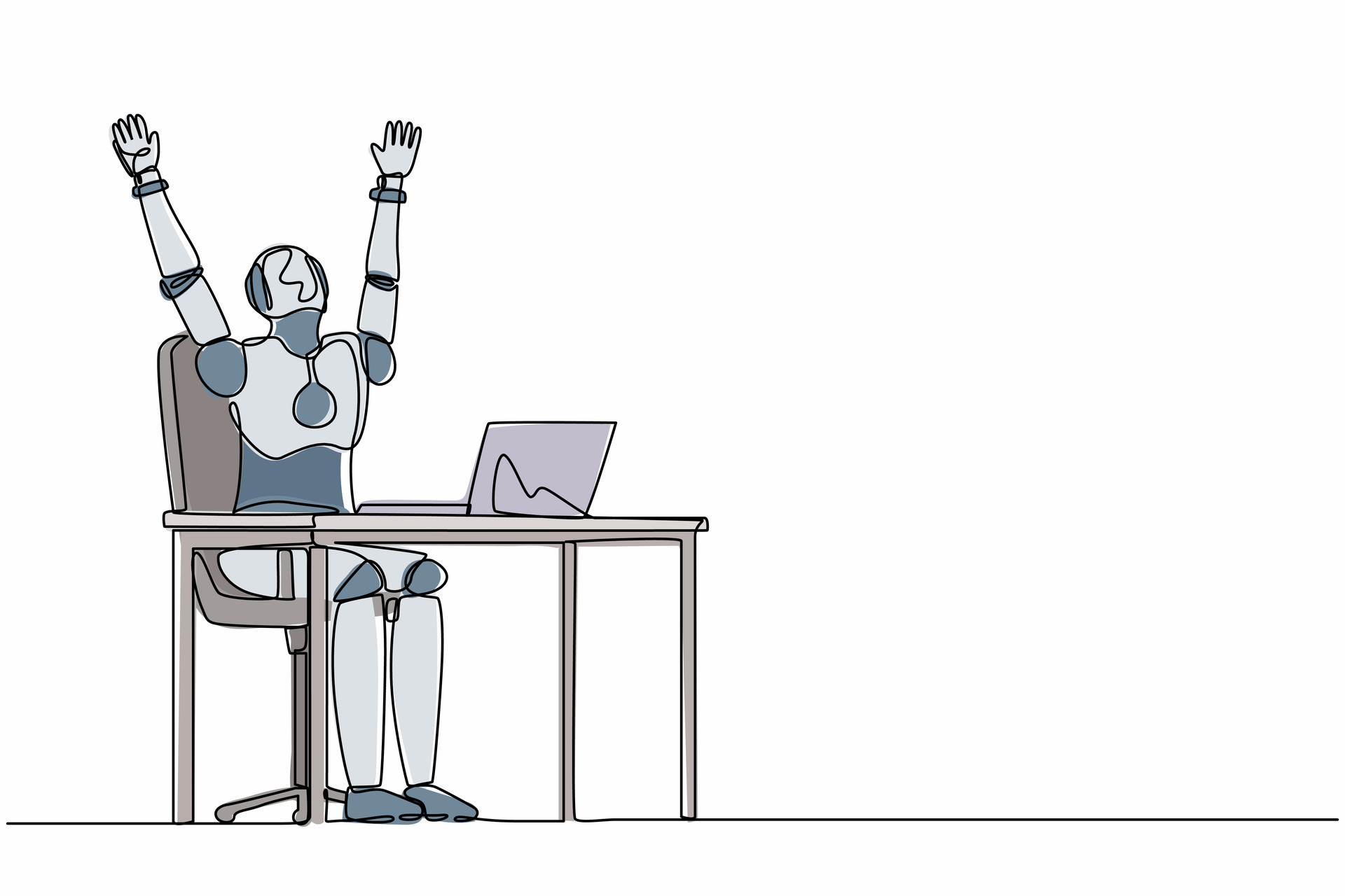 Single one line drawing happy robot at desk celebrating win with hands ...