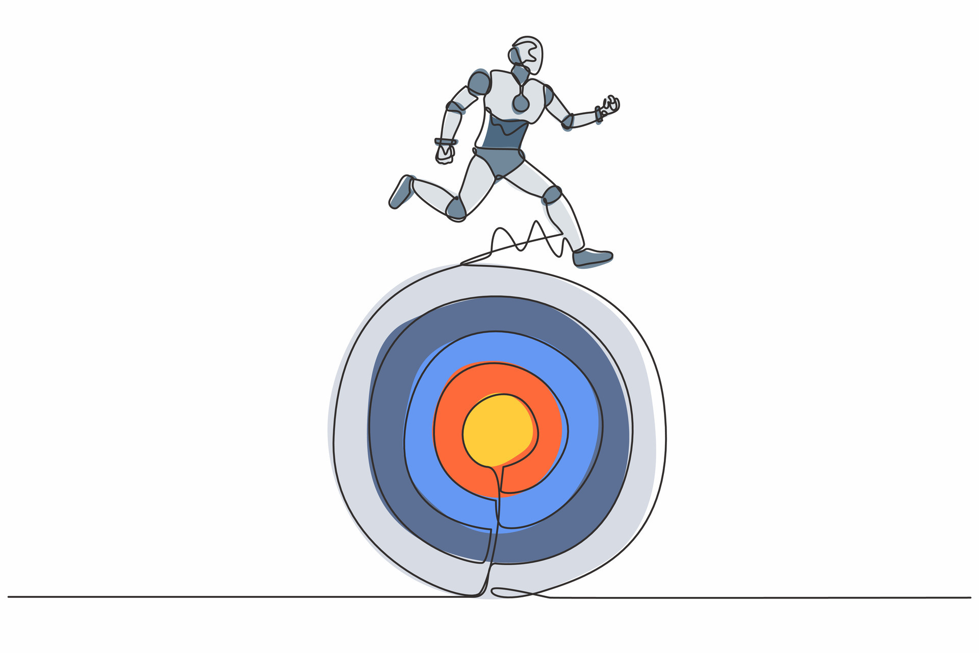 Continuous one line drawing robot move forward with goals. Robot running on target. Humanoid ...