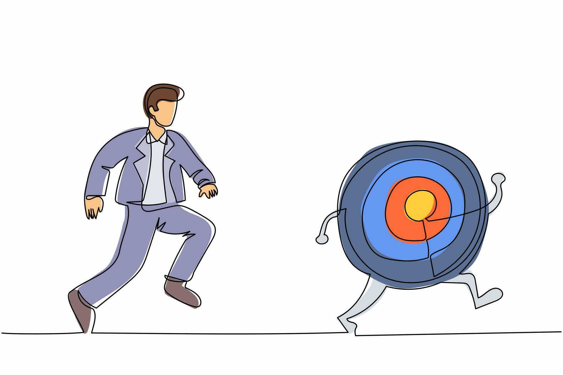 Continuous one line drawing businessman run chasing try to catch big dart target. Office worker ...