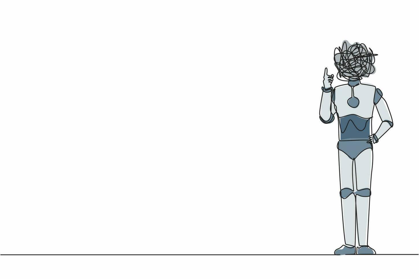 Single continuous line drawing robot with round scribbles instead of head, index finger up ...