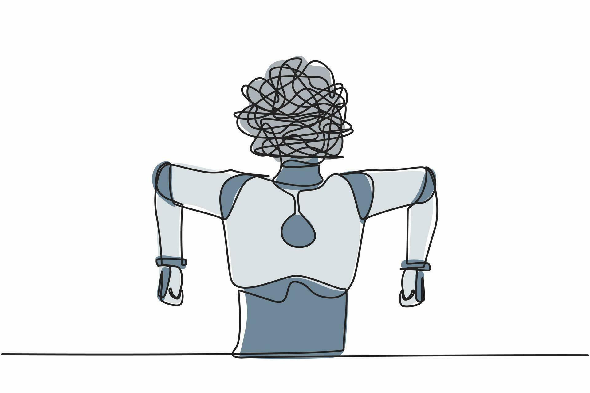Single one line drawing robot with round scribble instead of head. Angry robot. Emotional in ...