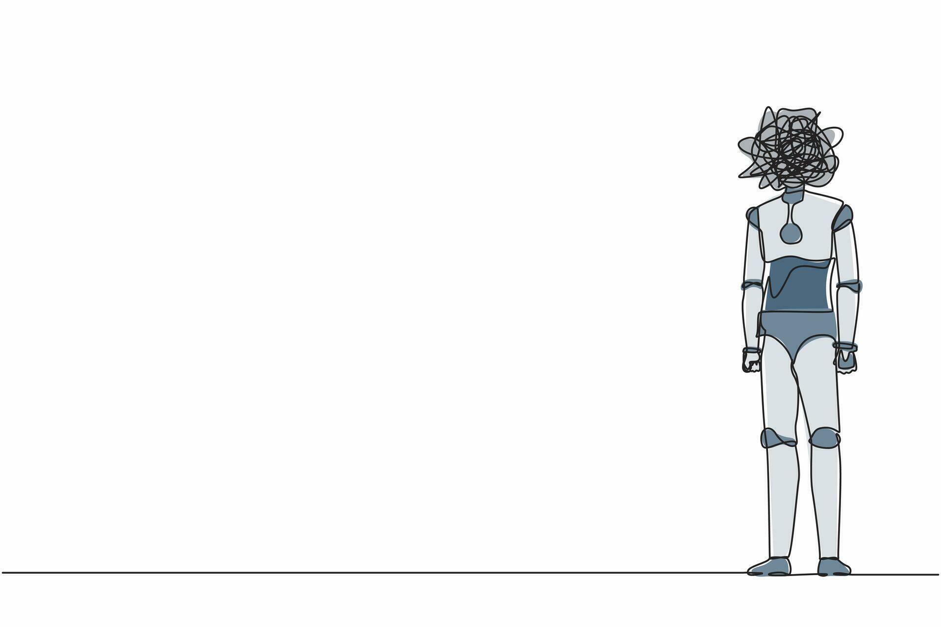 Continuous one line drawing robot with round scribbles instead of head, standing with nervous ...
