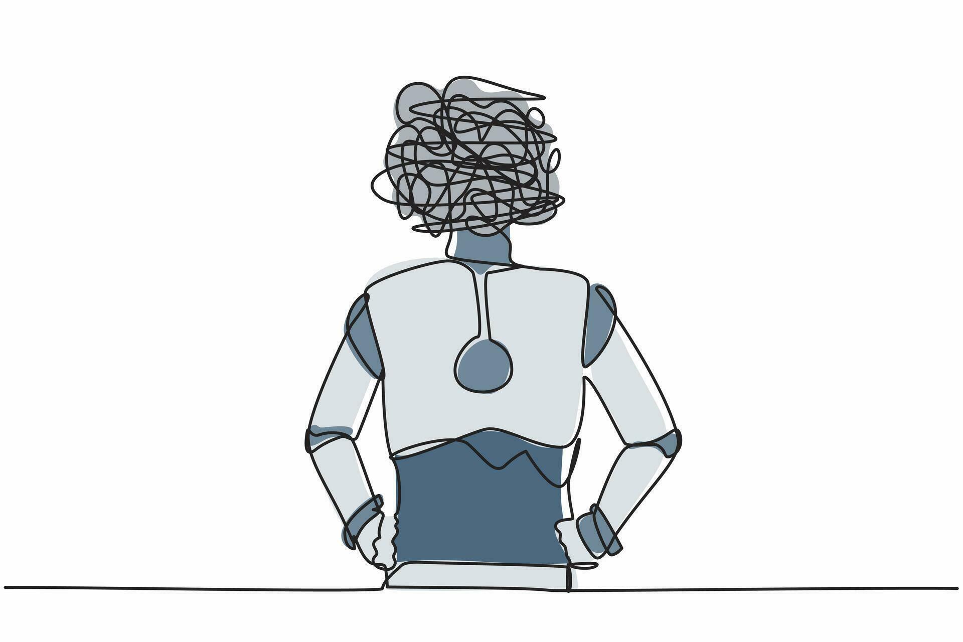 Continuous one line drawing robot with round scribbles instead of head, standing and holding on ...