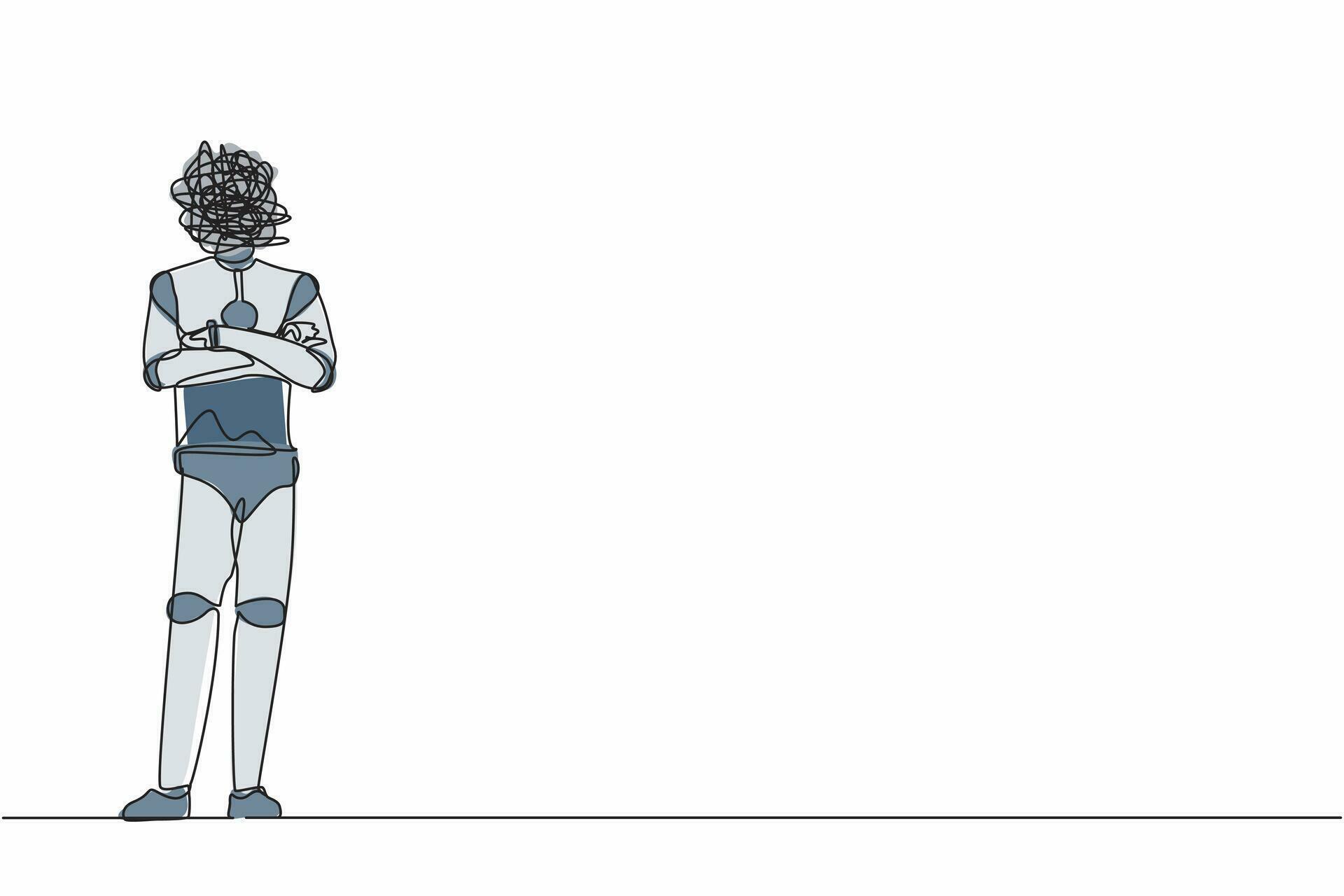 Continuous one line drawing robot with round scribble instead of head, standing with folded arms ...