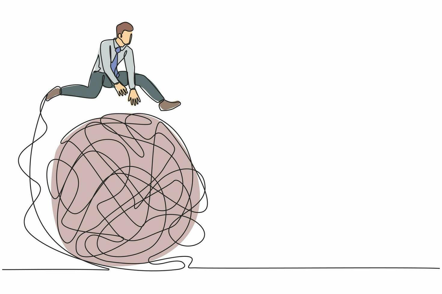 Continuous one line drawing businessman jumping over tangled scribble. Solution looking for ...