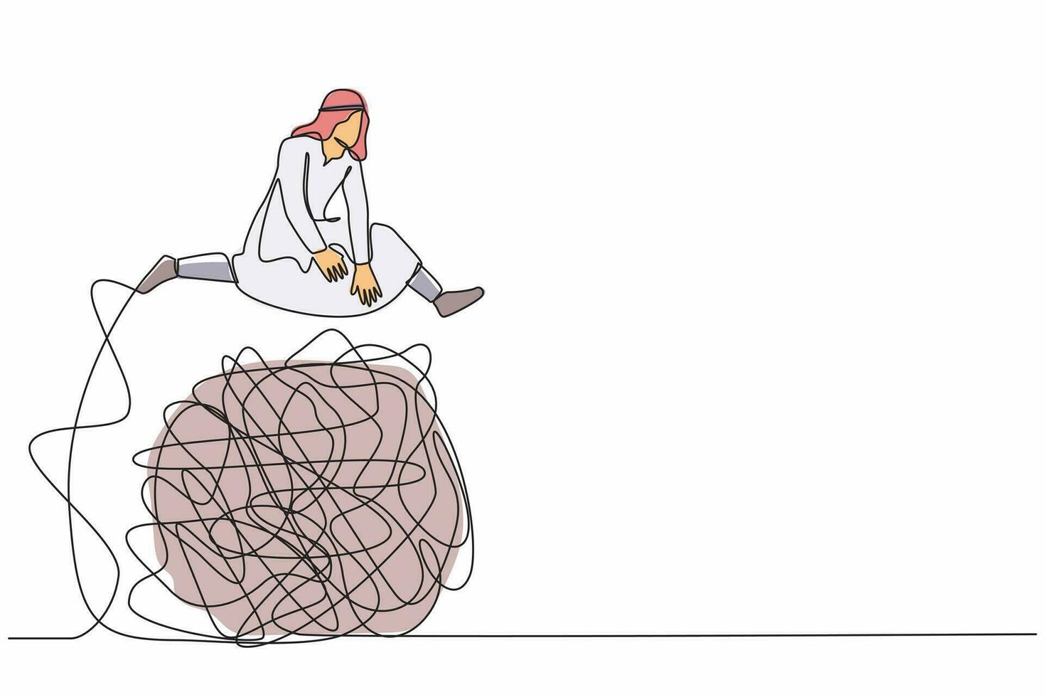 Continuous one line drawing Arabian businessman jumping over tangled scribble. Chaotic of office ...