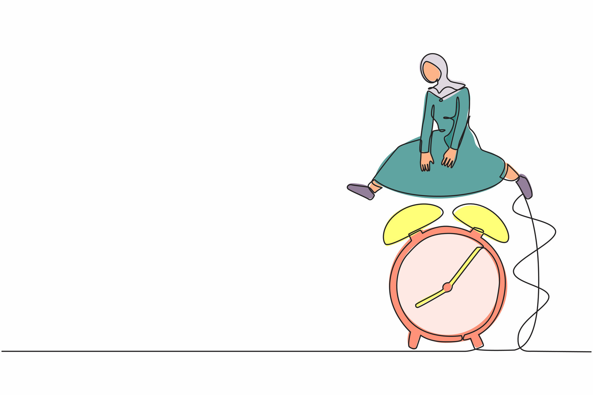 Single Continuous Line Drawing Arabian Businesswoman Jump Over Alarm Clock Business Deadline Or