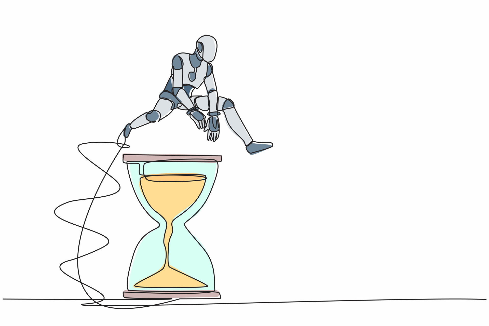 Single continuous line drawing robot jumping over hourglass. Business scheduling and time ...
