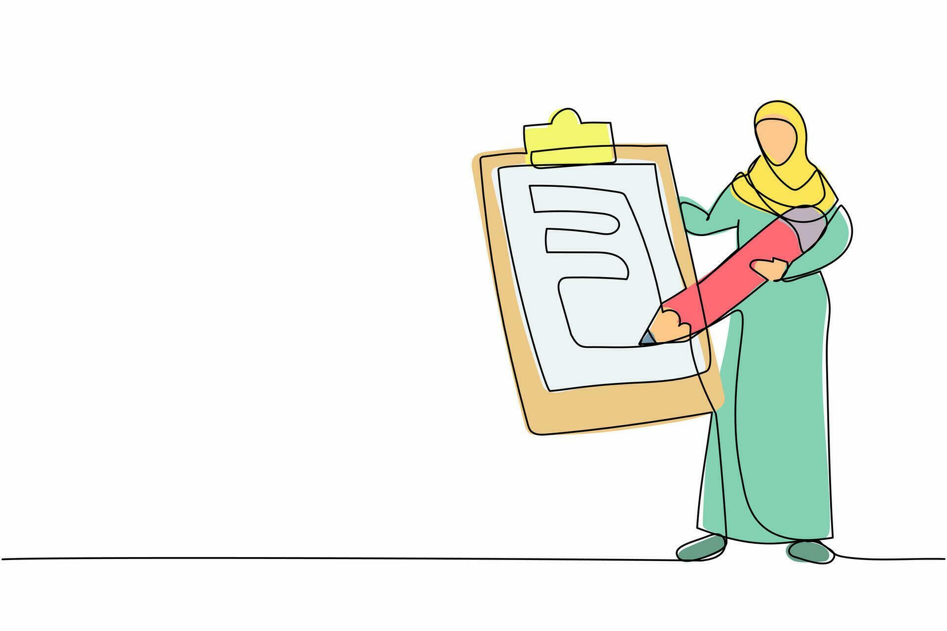 Single One Line Drawing Arab Businesswoman Holding Clipboard