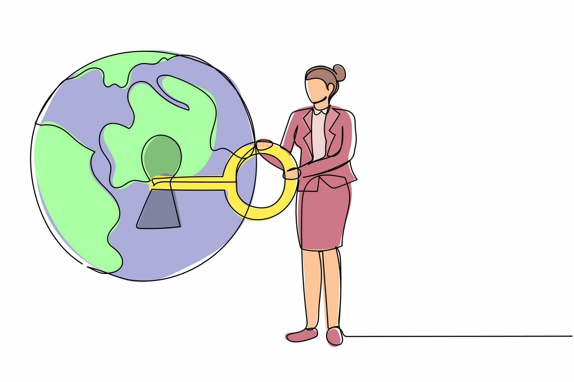 Single One Line Drawing Businesswoman Put Key Into Globe Security Data