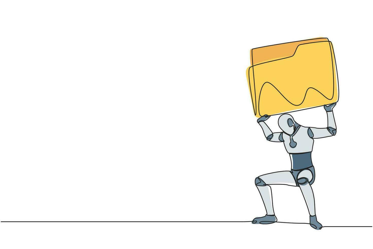Single one line drawing tired robot carrying heavy folder icon on his ...