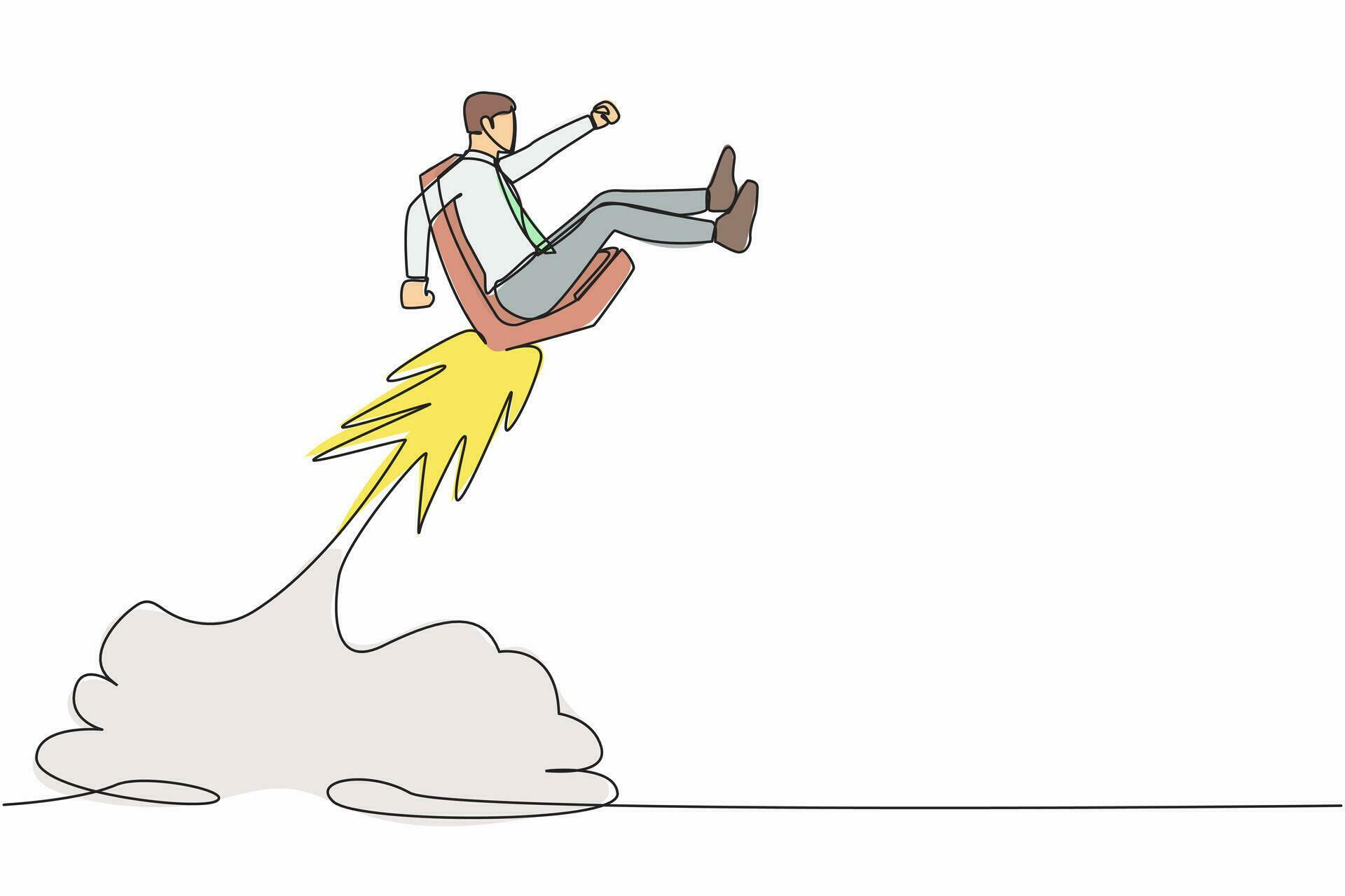 Single one line drawing of businessman riding office chair rocket flying in the sky. Boost your ...