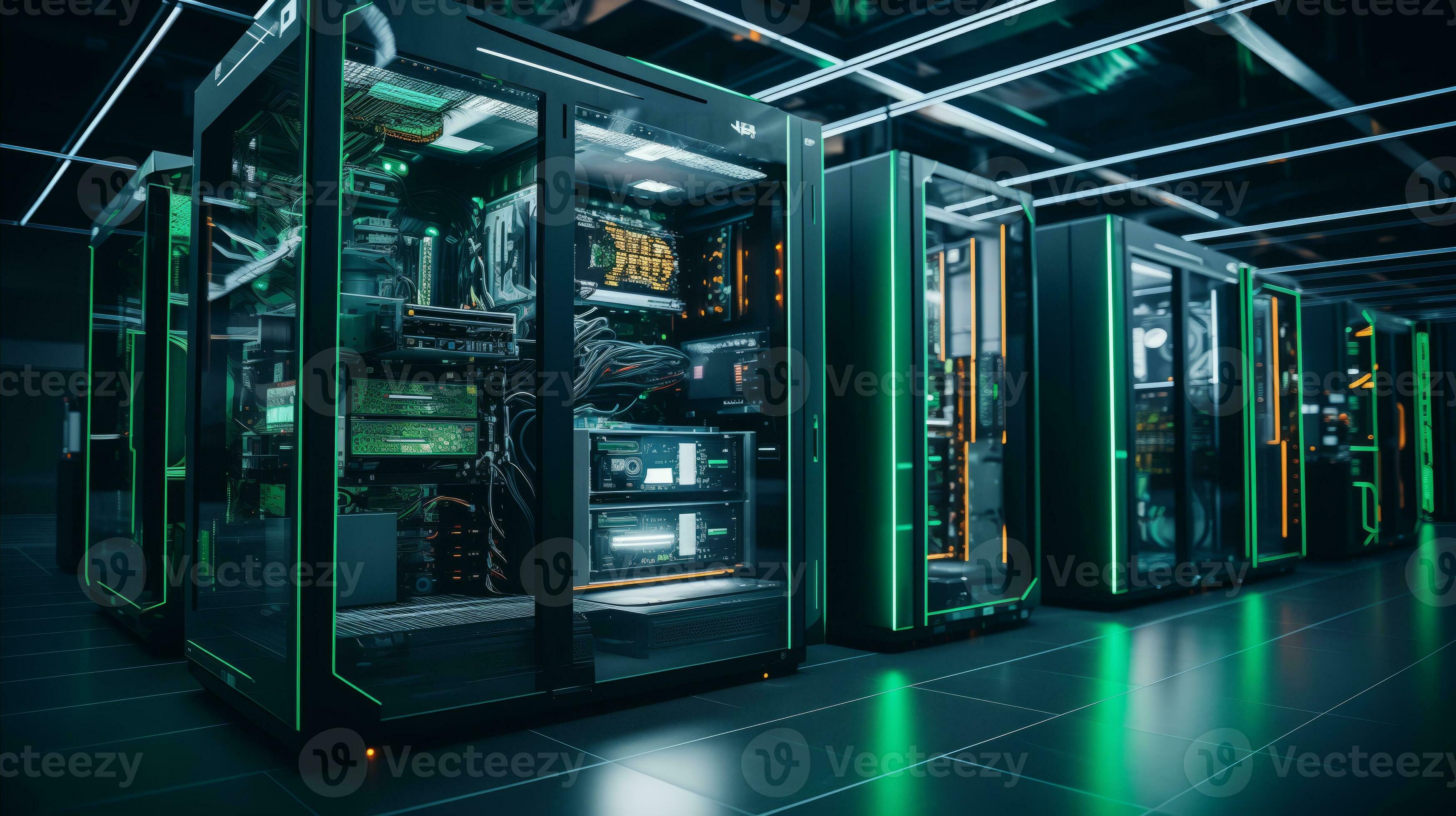 AI generated Inside a High Tech Data Center. Multiple Rows of Active Server Racks Powering ...