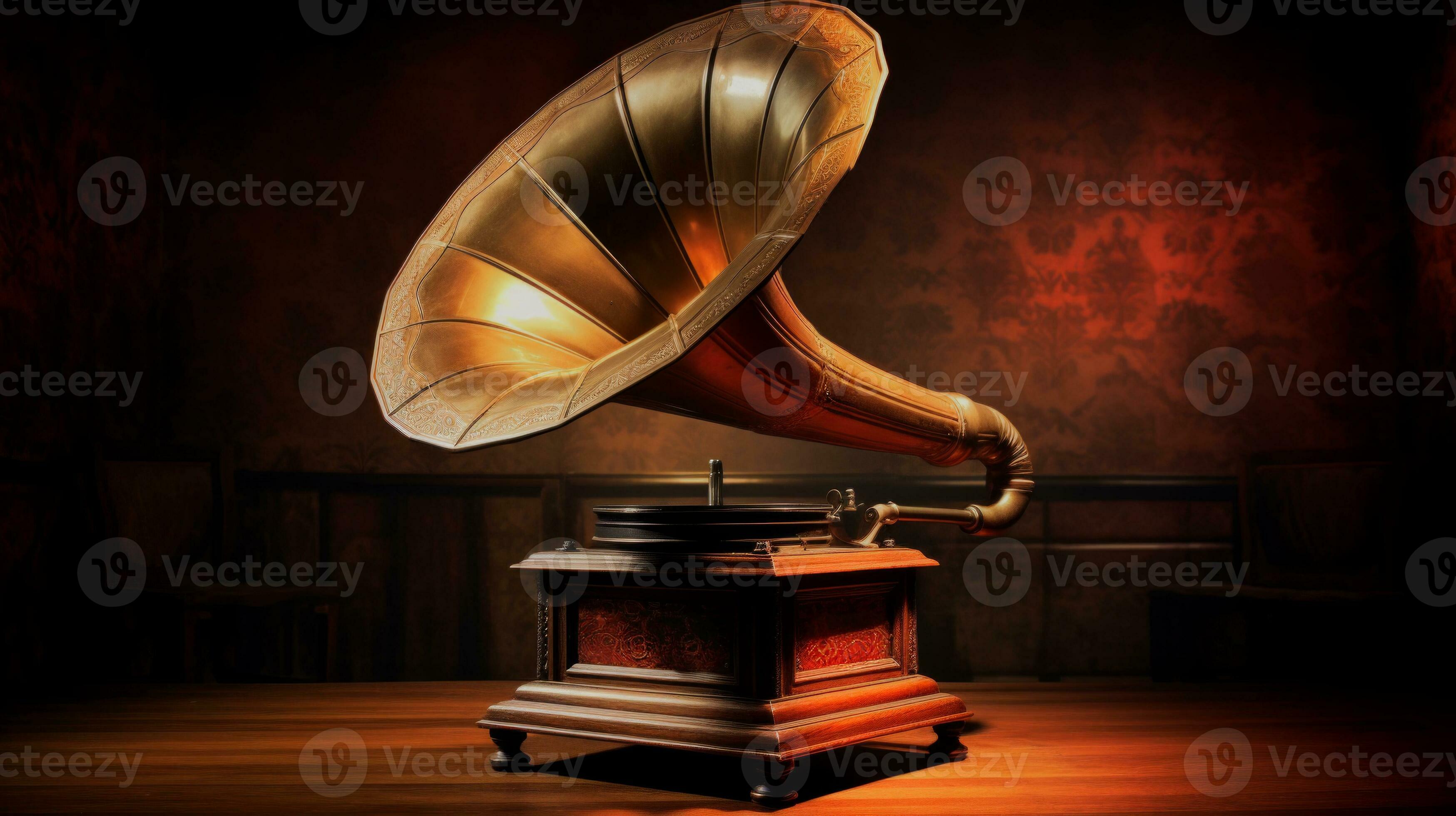 Ai Generated Old Fashioned Record Player With A Prominent Horn Set Against Diffused Light
