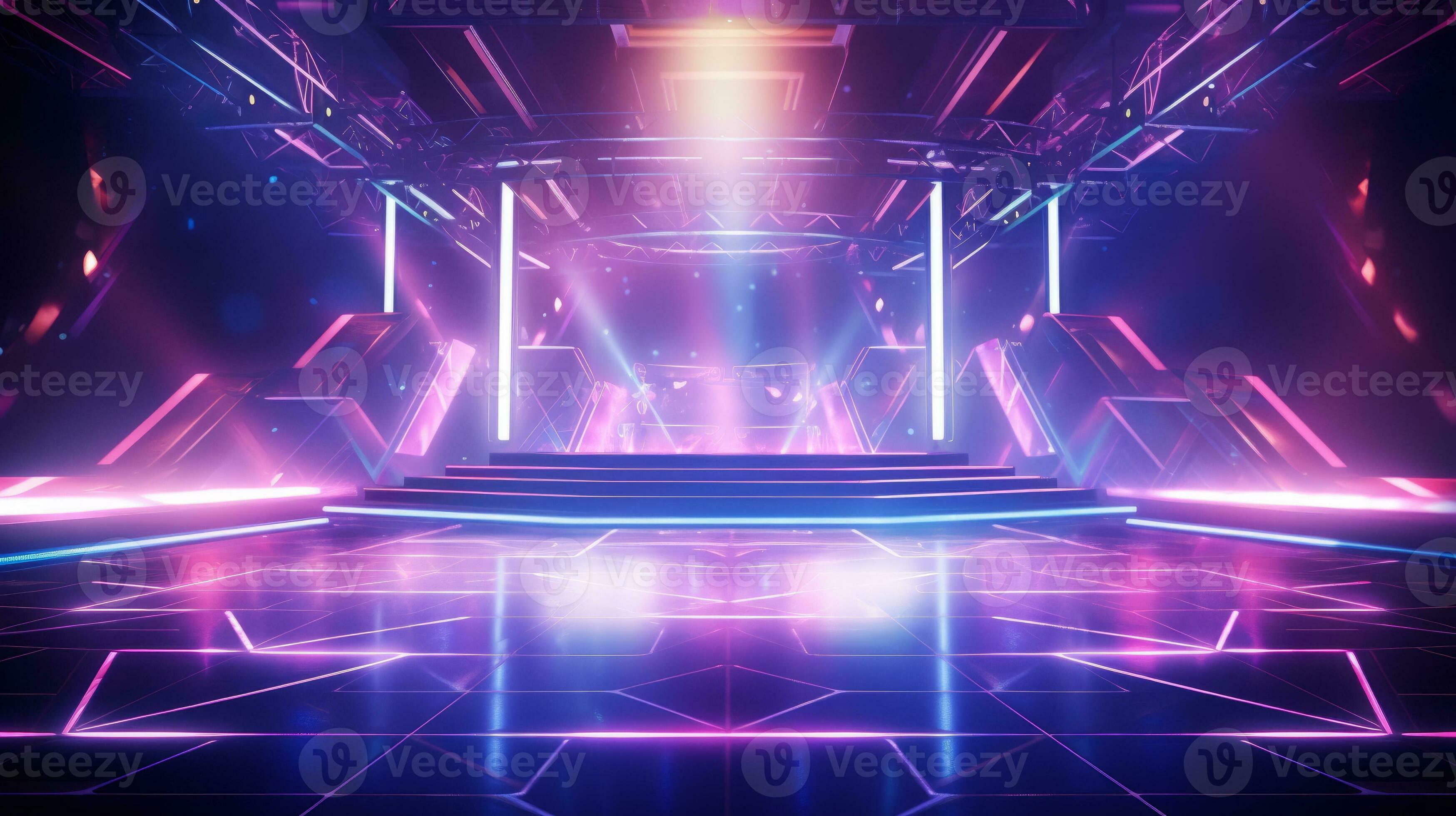 AI generated Vibrant and colorful stage with bright lights and futuristic design. Concert stage ...