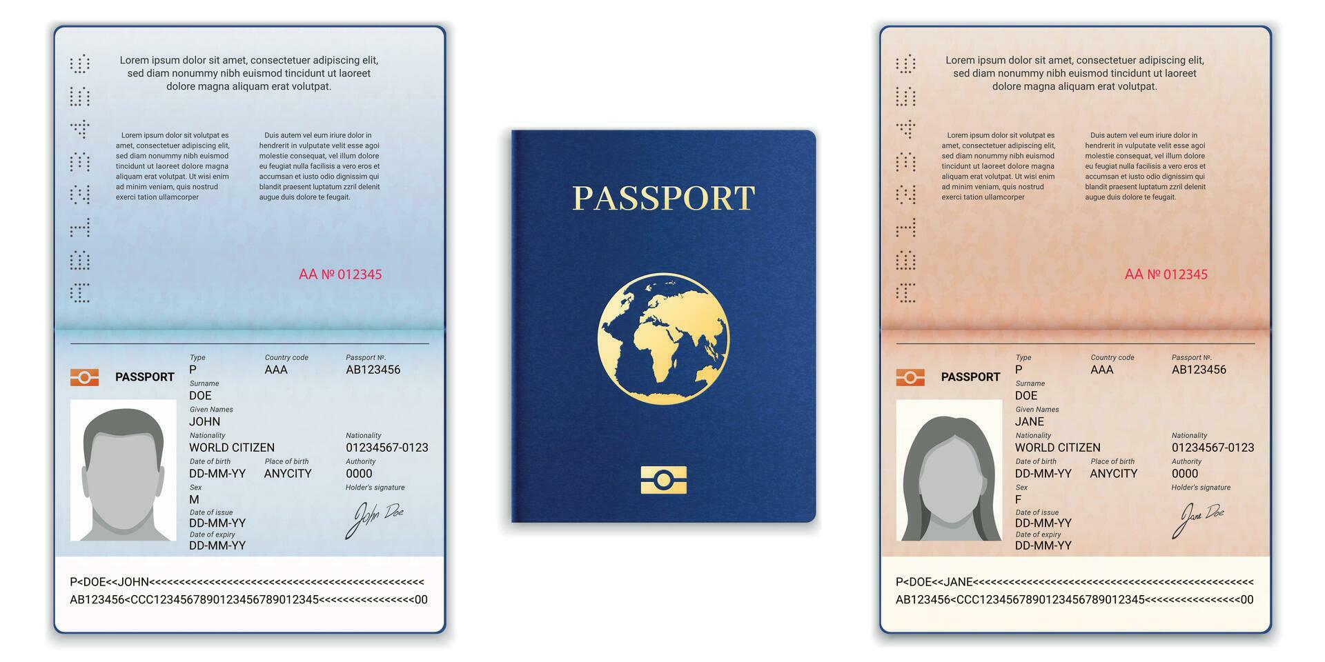 Passport template. International open passport with sample personal data page man and woman ...