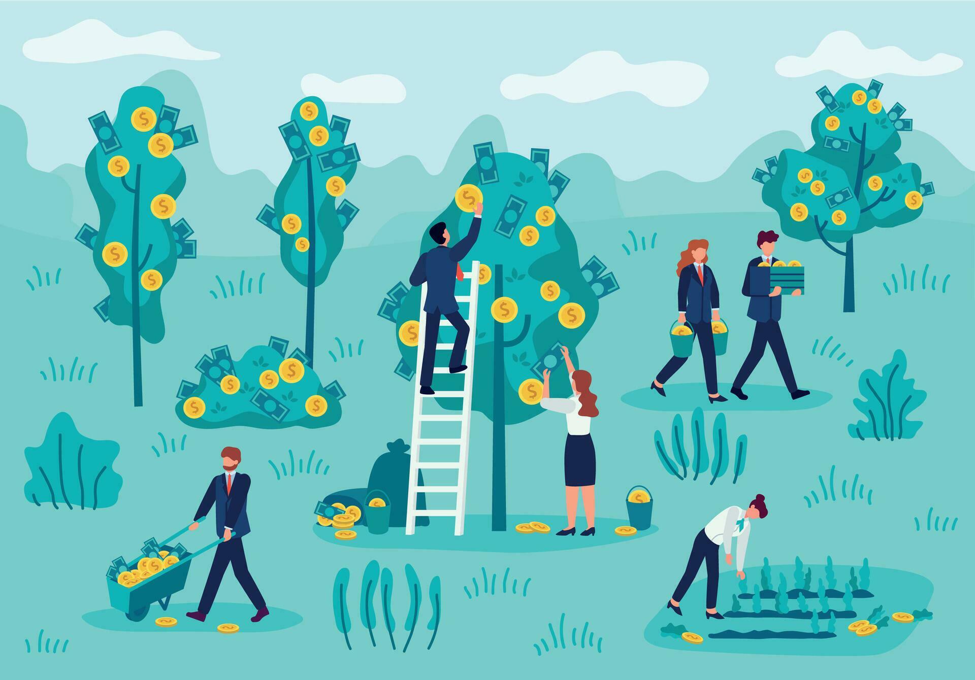 Investment concept. Businessman picking cash, financial profit, money ... Investment concept. Businessman picking cash, financial profit, money ...