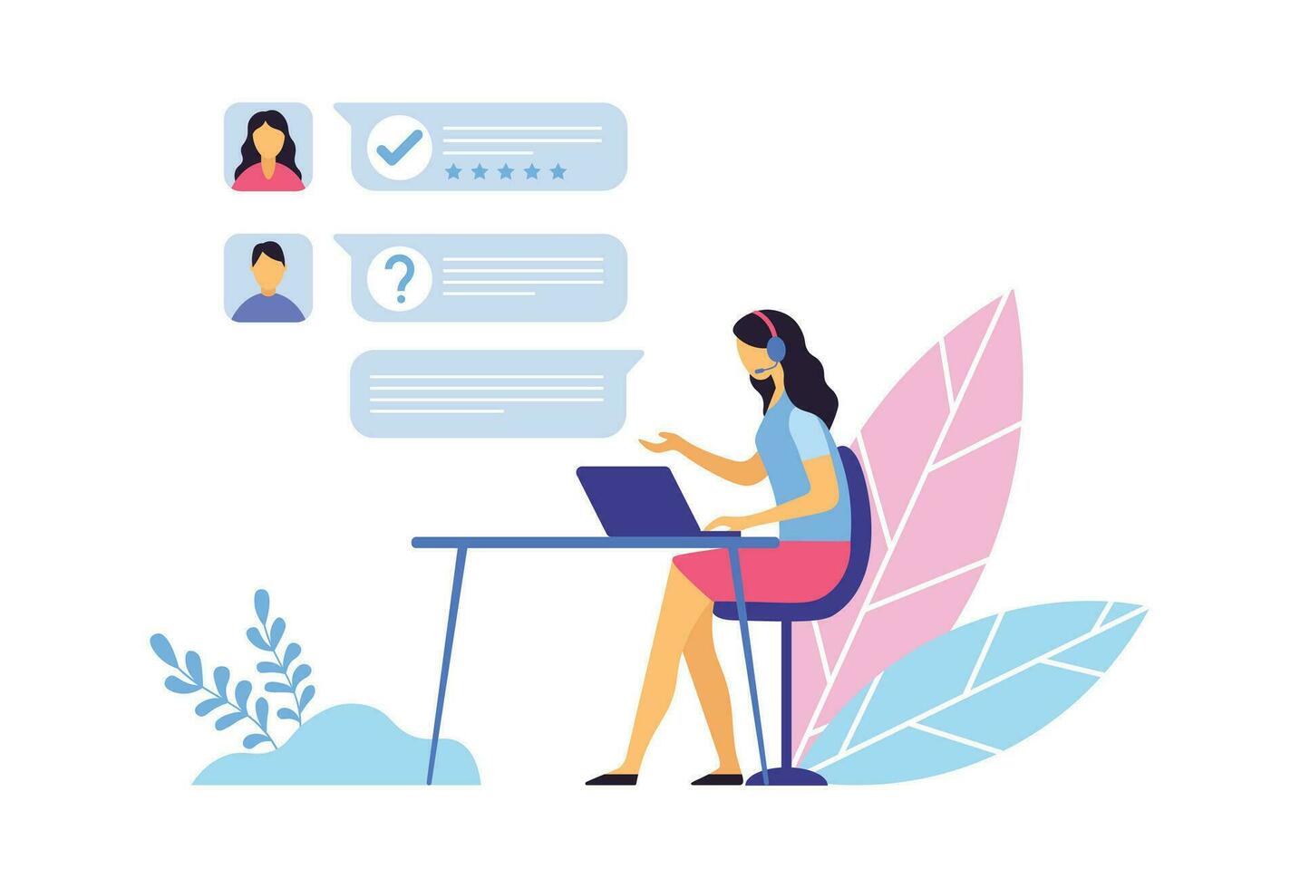 Customer support. Call center operator sitting at desk with laptop and communication with ...