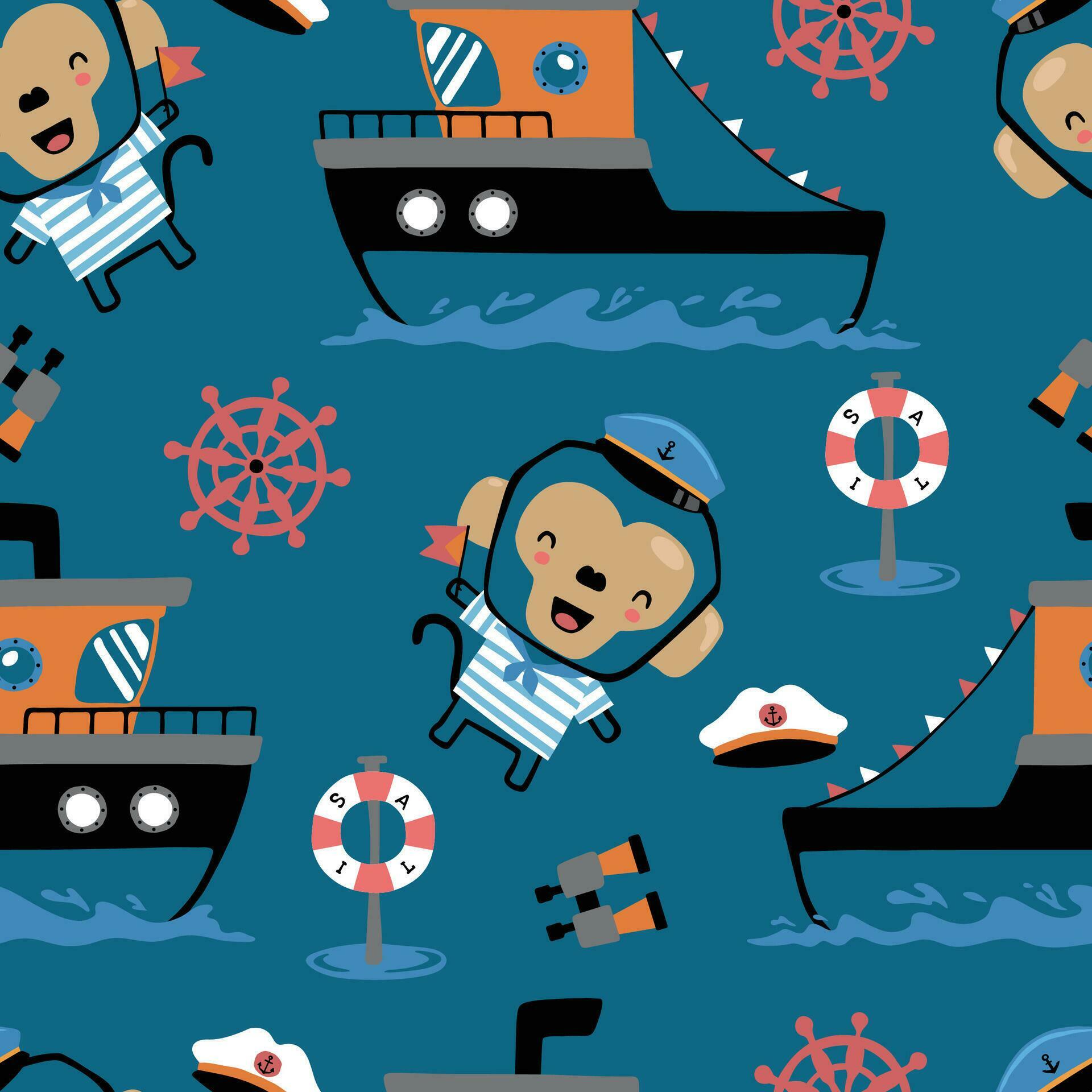 Vector seamless pattern of cute monkey in sailor suit with sailing ...