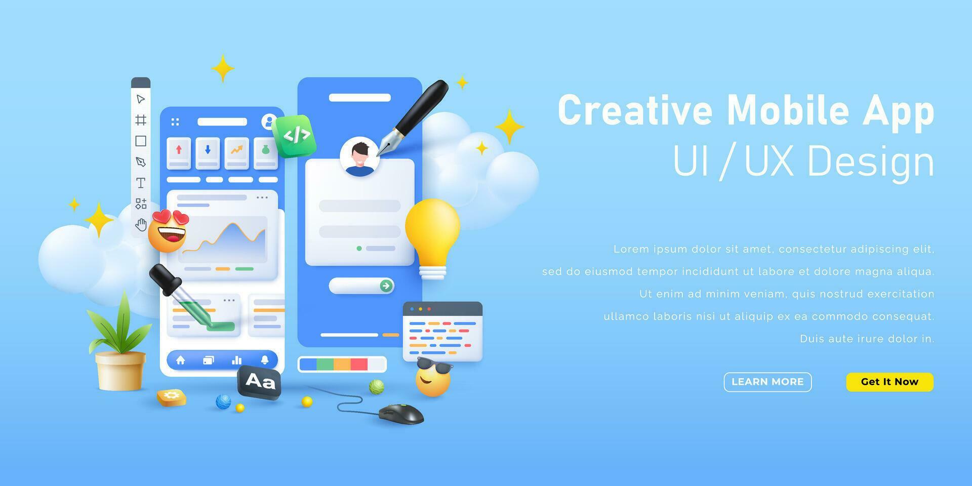 Mobile app UI UX design and coding development concept illustration ...