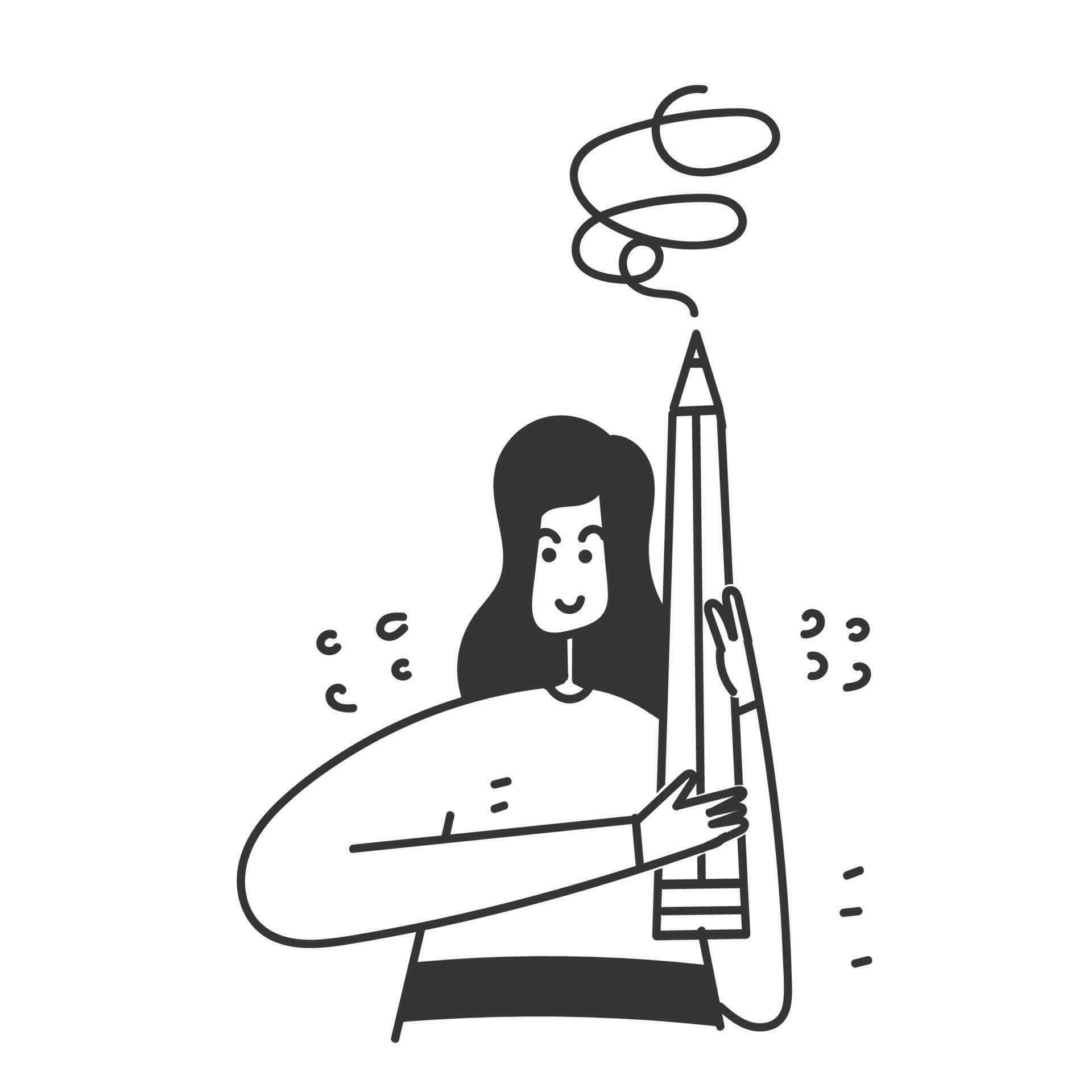 Hand Drawn Doodle Woman Holding Big Pencil Cartoon Illustration