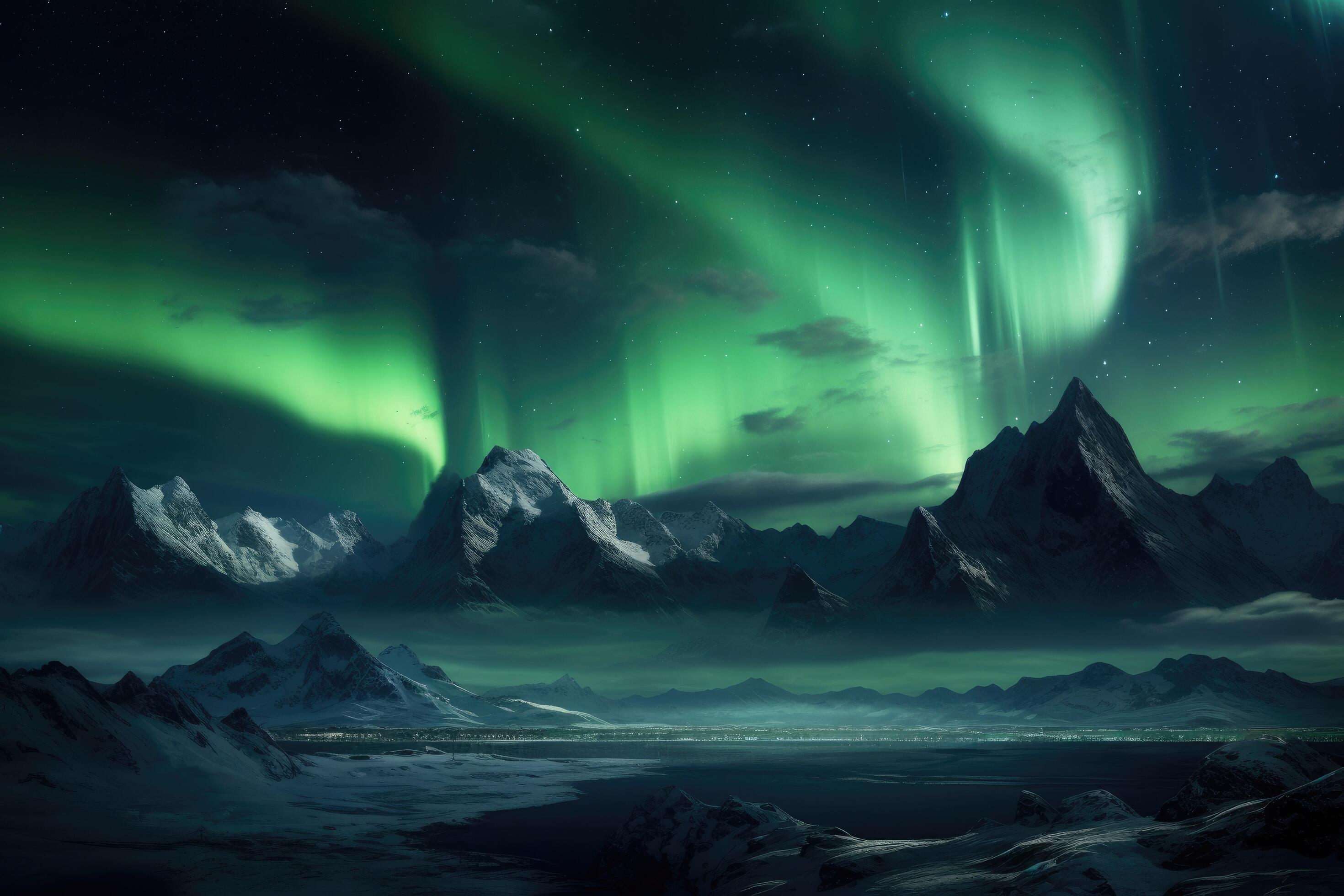 AI generated Aurora borealis in the night sky over Lofoten islands, Norway, Northern Lights ...