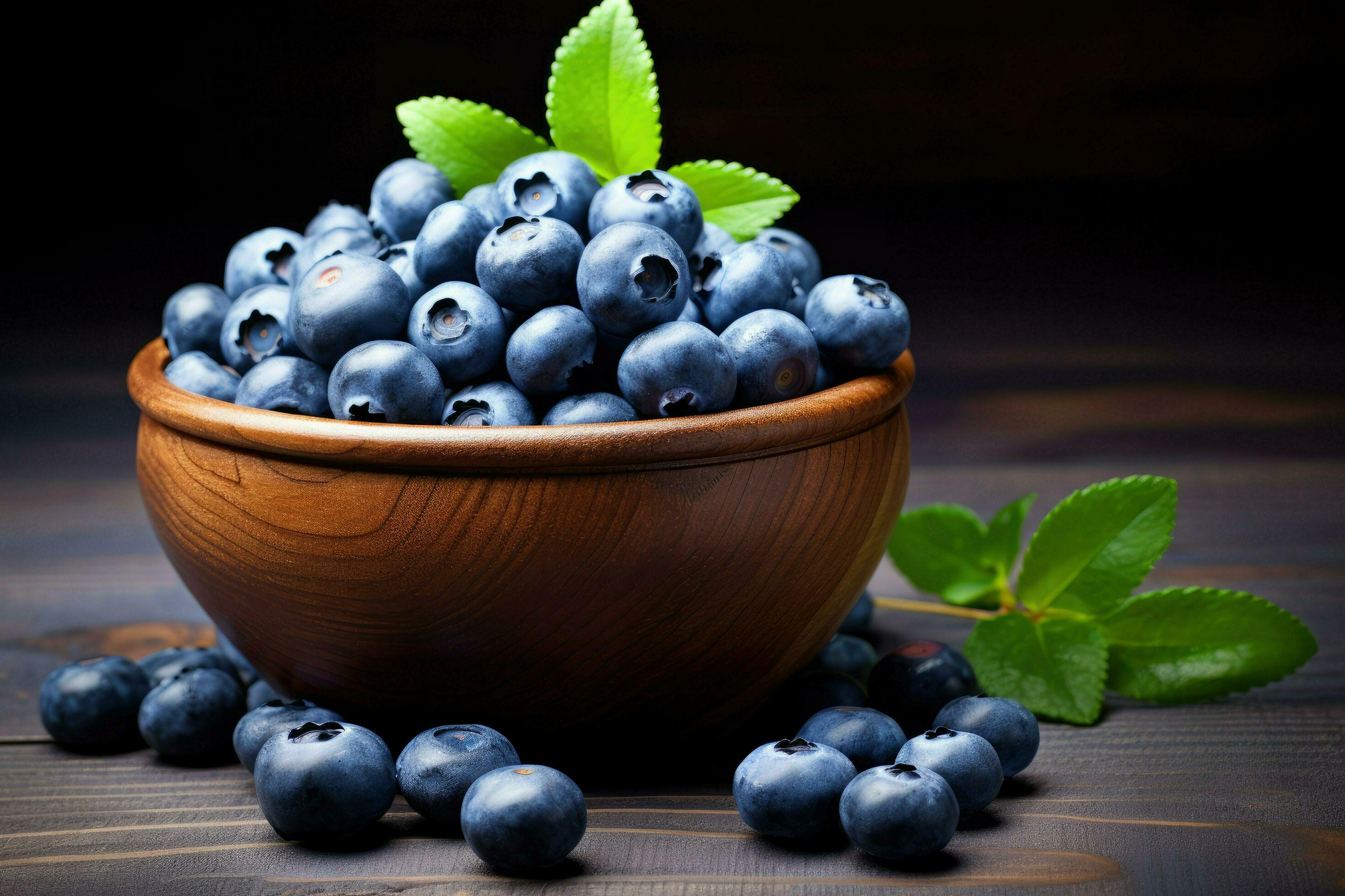 AI generated Fresh blueberries in a bowl on a wooden background ...