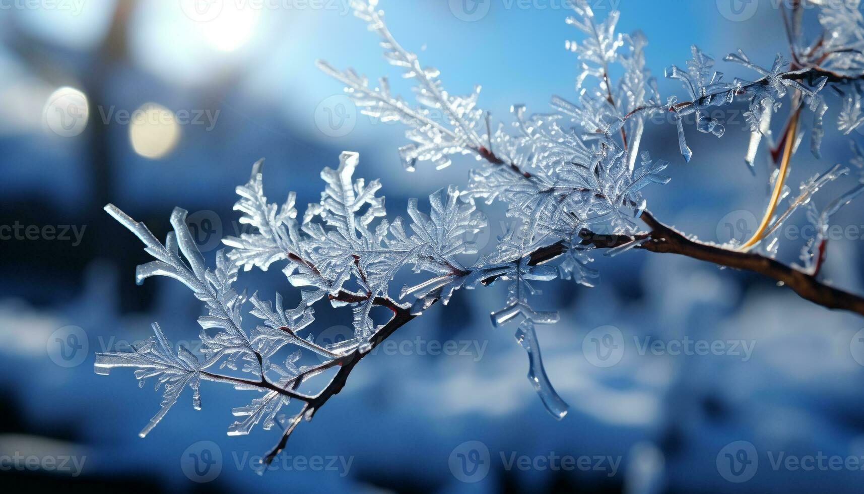AI generated Winter beauty blue frost on branch, snow covered tree, icy ...