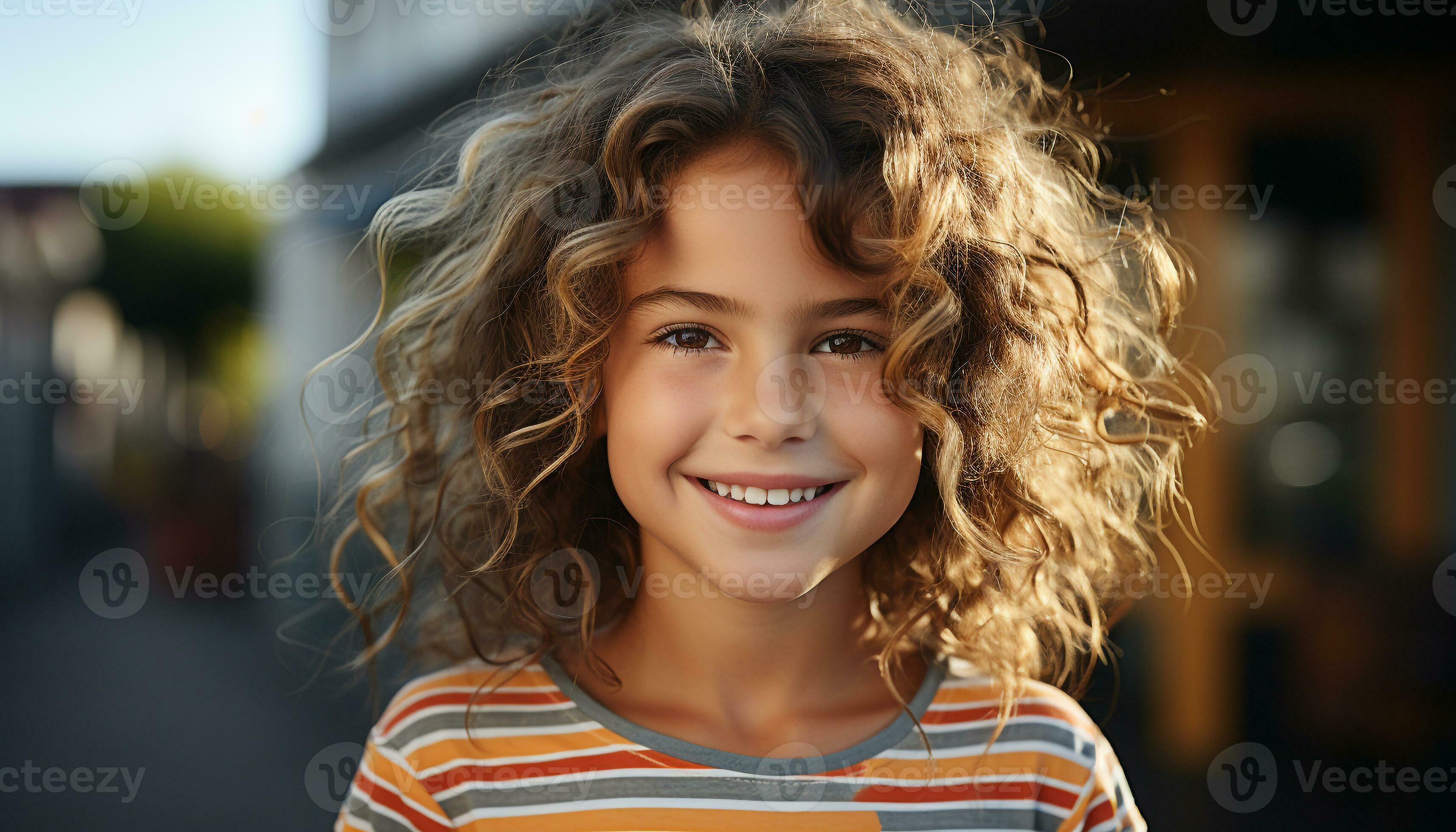 AI generated Smiling girl with curly hair enjoys carefree outdoor ...
