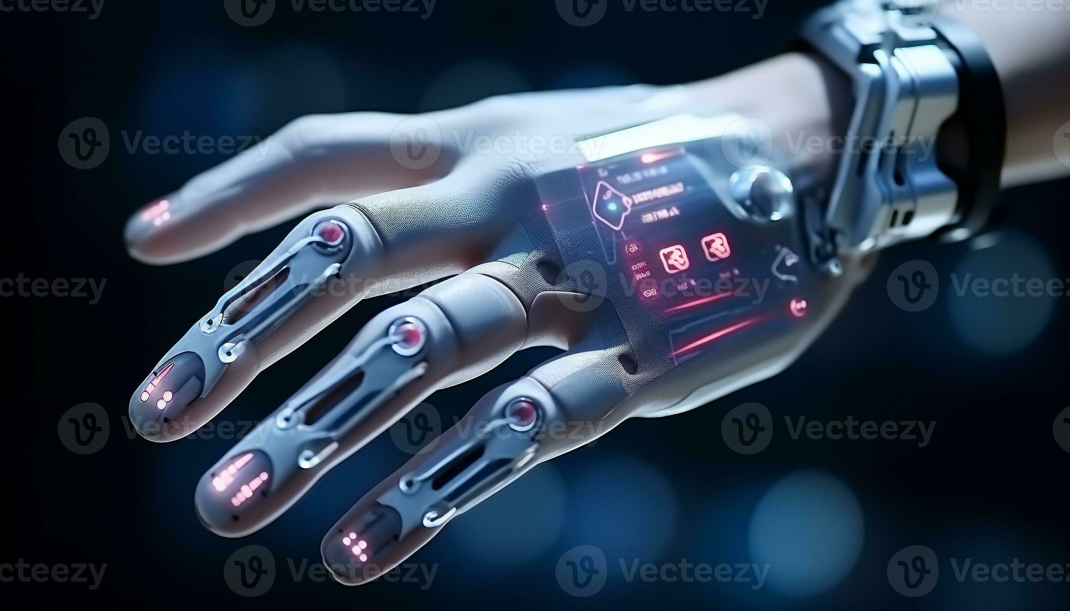 AI generated Futuristic robotic arm touching a digitally generated ... AI generated Futuristic robotic arm touching a digitally generated ...
