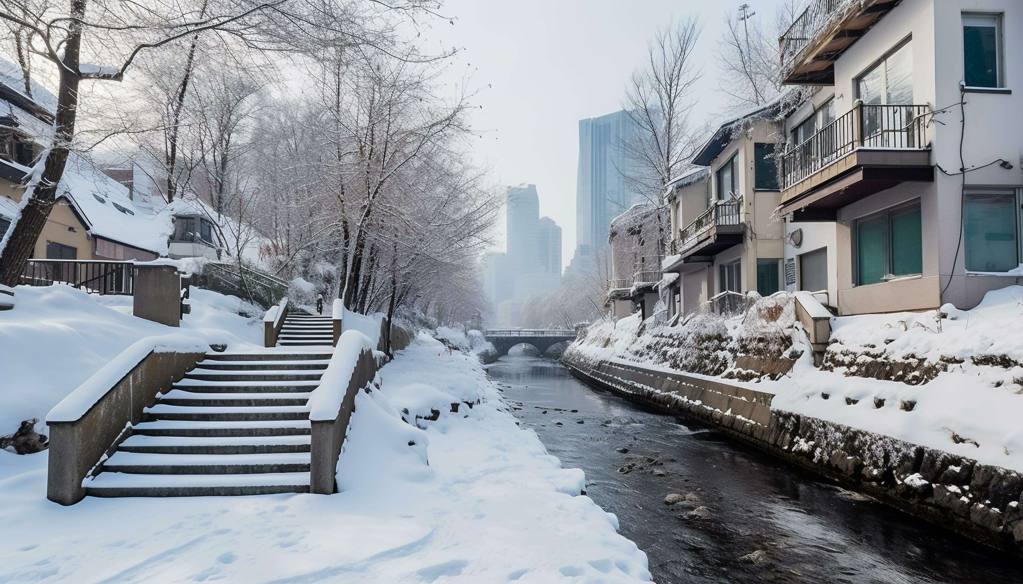 AI generated Snow covered cityscape, frozen skyscrapers, winter icy ...