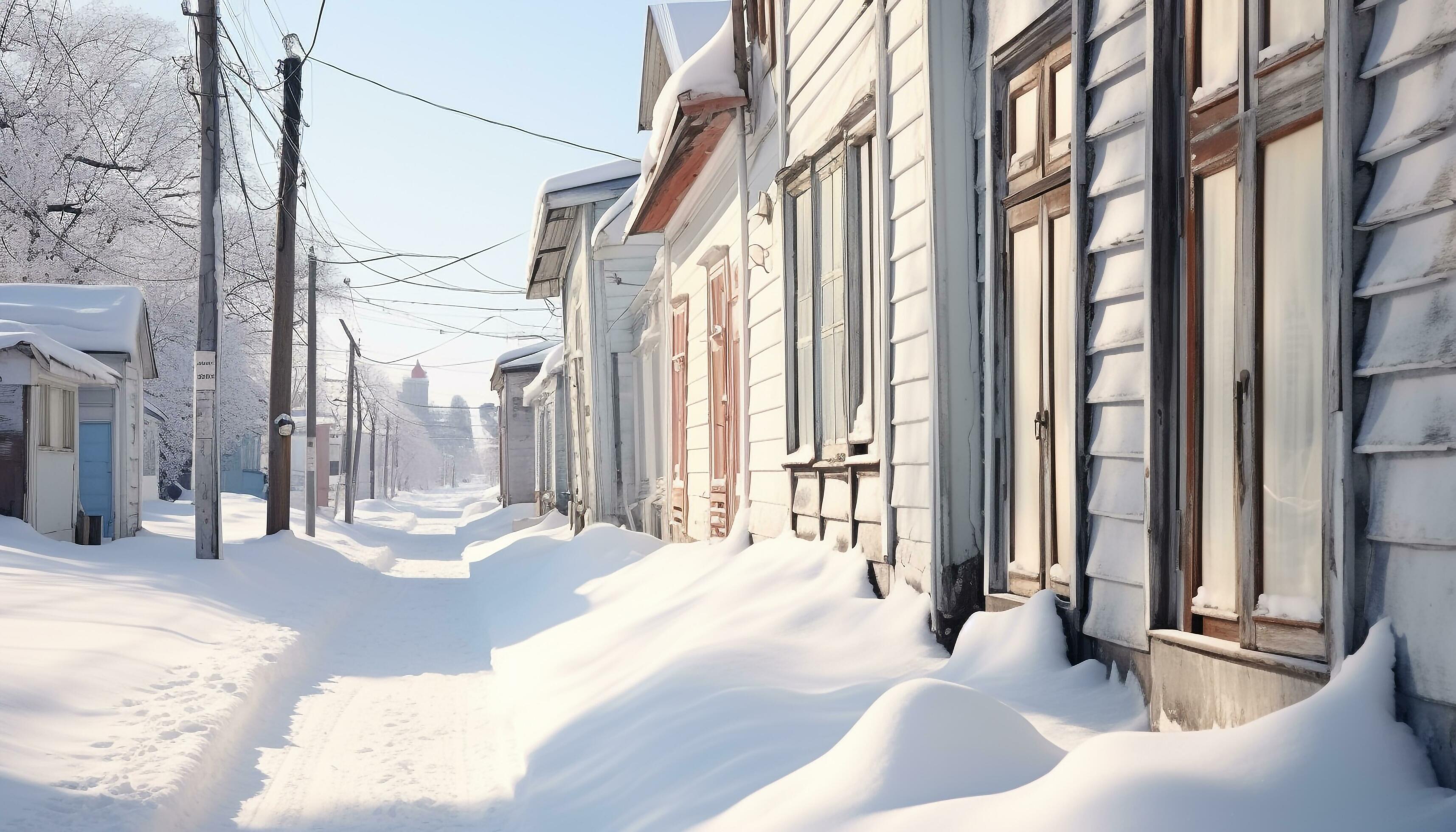AI generated Snow covered winter landscape outside a wooden cottage ...
