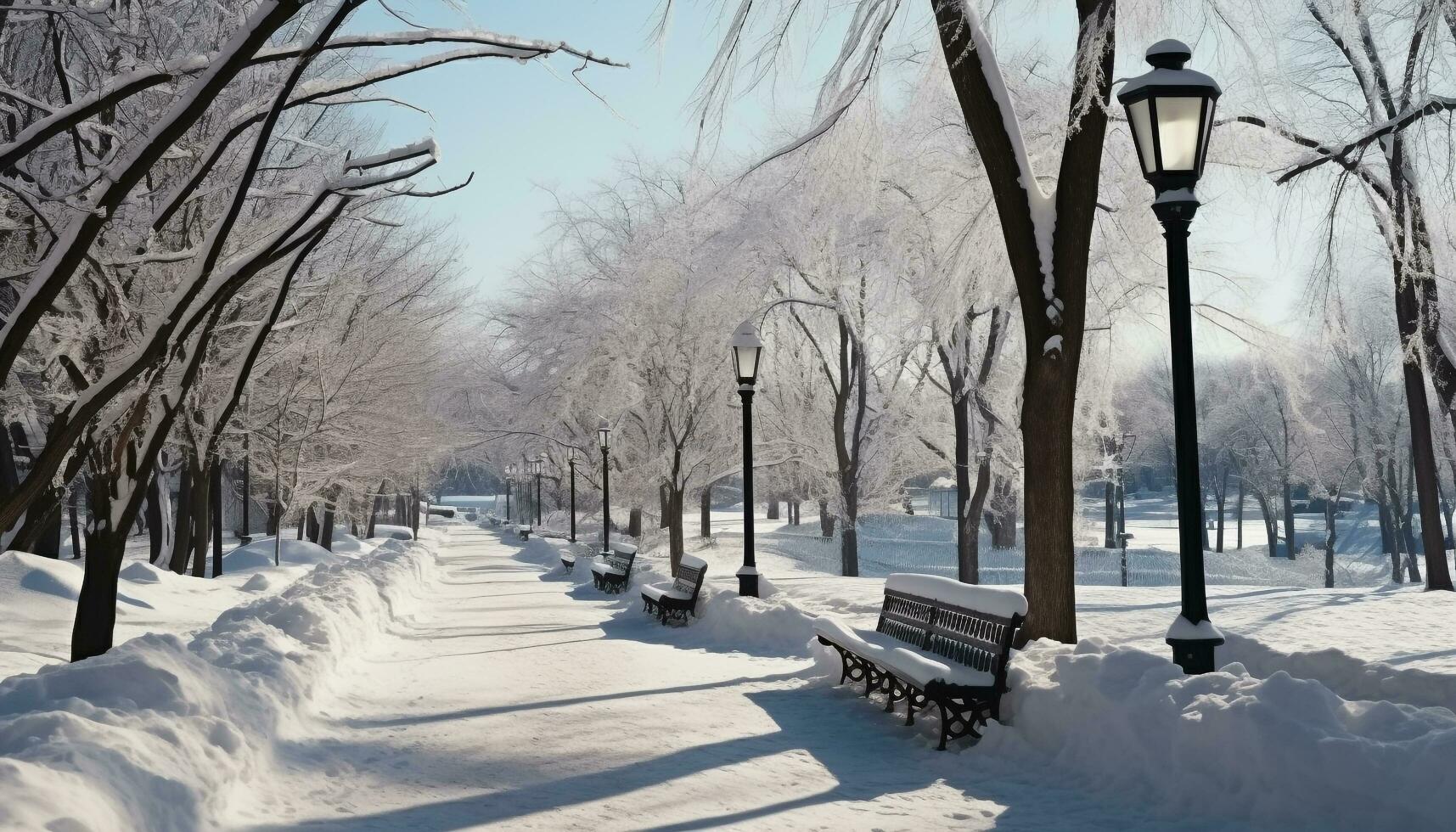 AI generated Snow covered tree in winter, tranquil bench outdoors ...