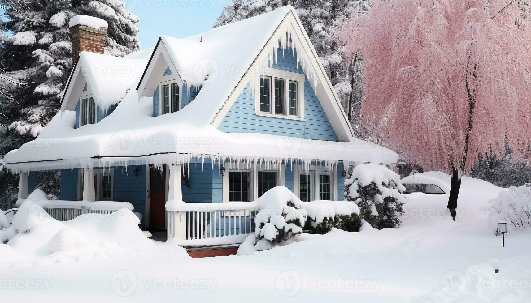 AI generated Snow covered tree in winter landscape, peaceful and serene ...