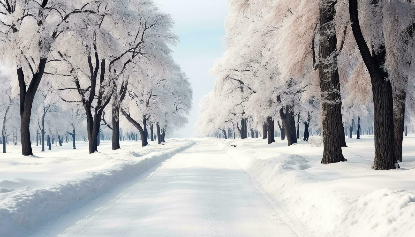 AI generated Snow covered trees create a tranquil winter landscape ...