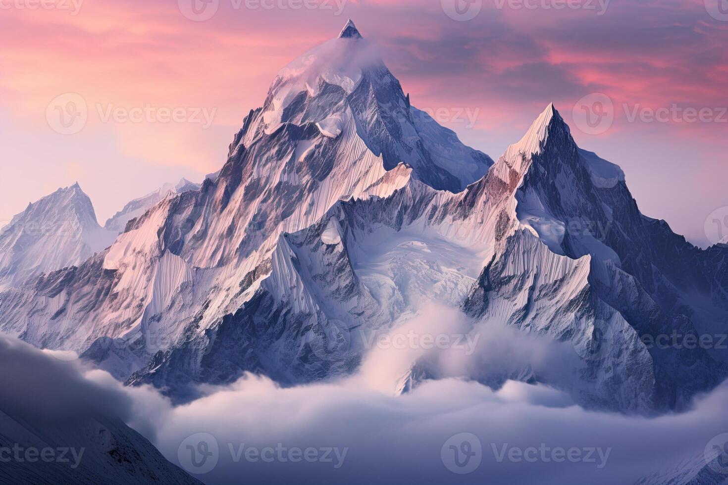 AI generated majestic snowy mountain peaks in the clouds at a pink dawn ...