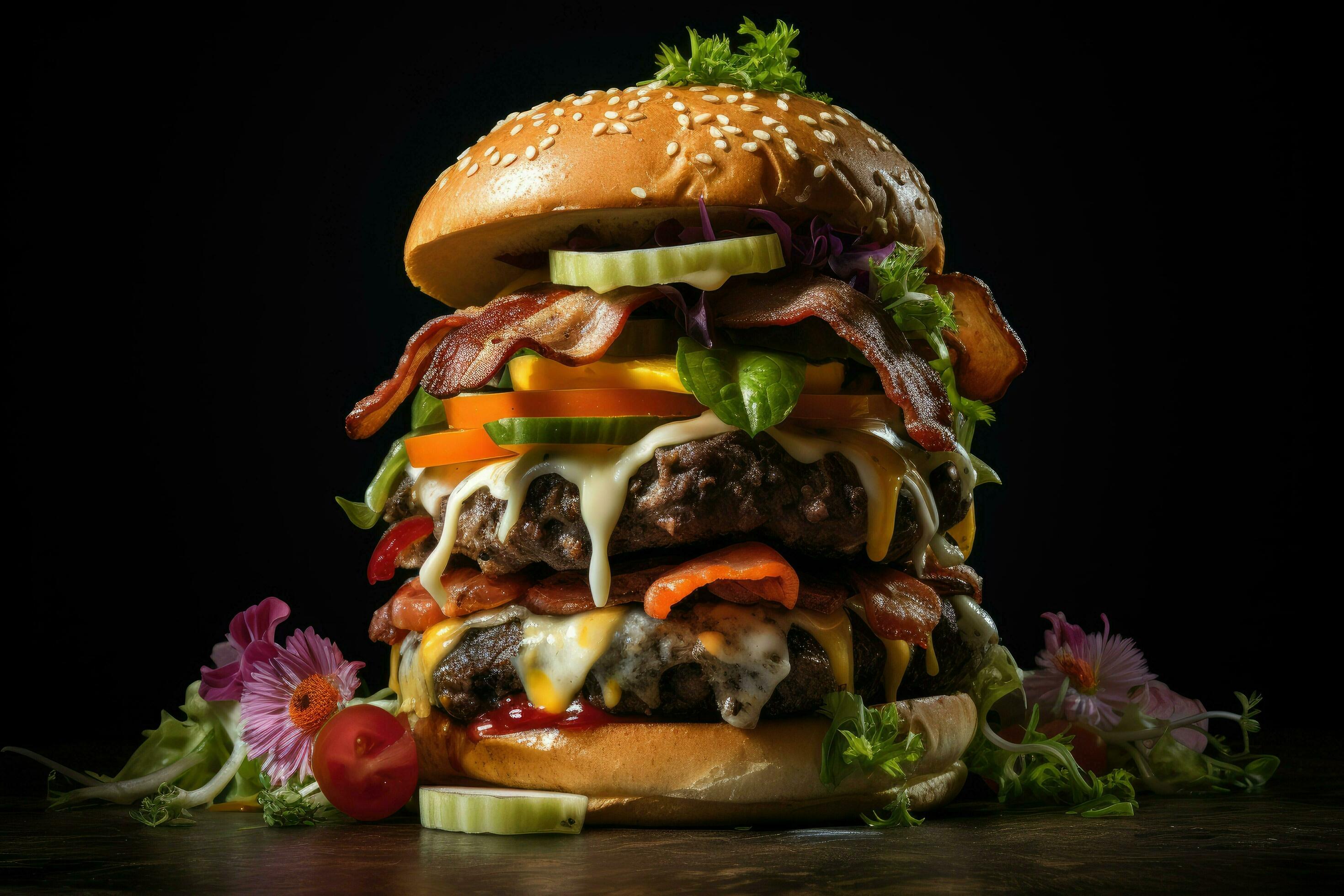 AI generated Burger with melted cheese and bacon, Cheese burger with ...